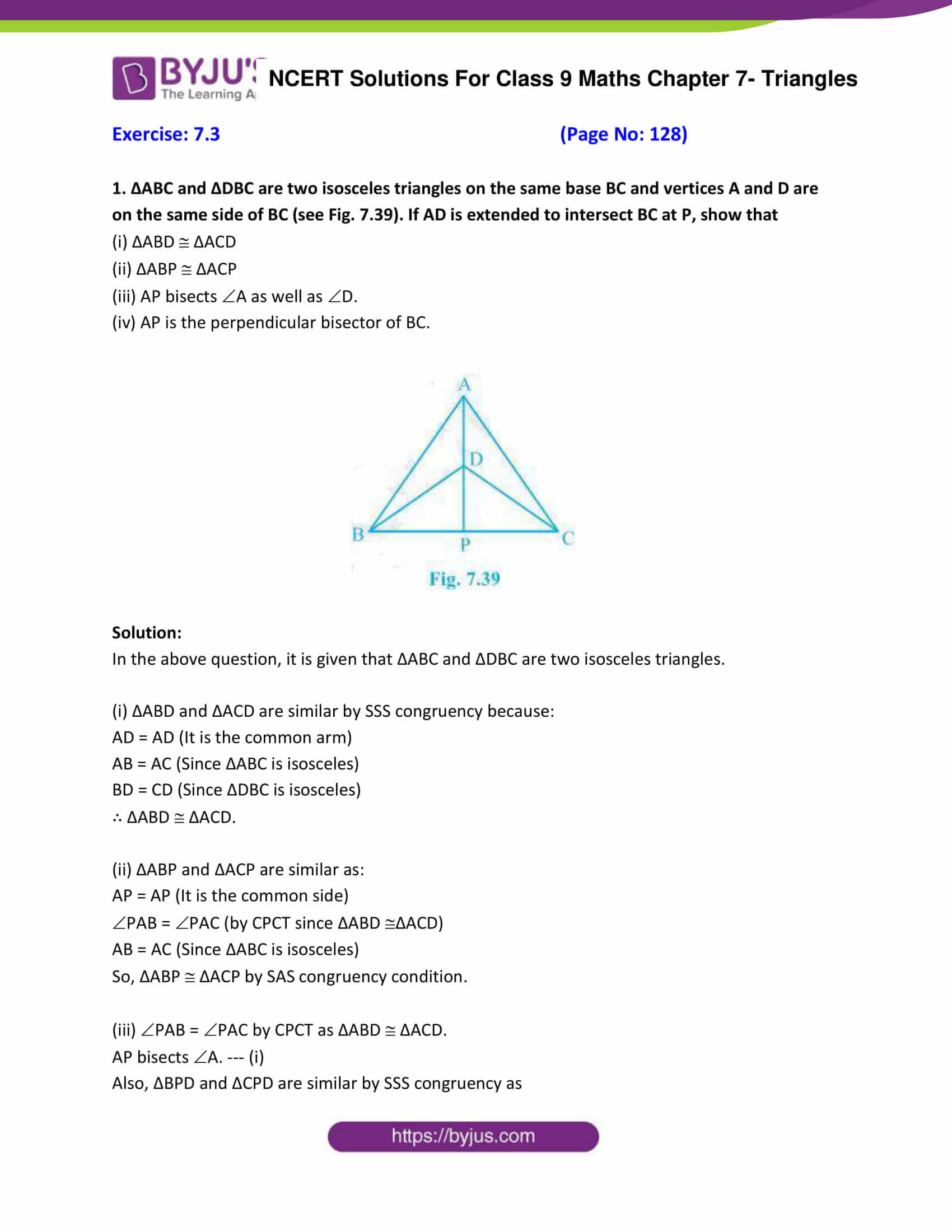 NCERT Solutions For Class 9 Maths Chapter 7 Triangles
