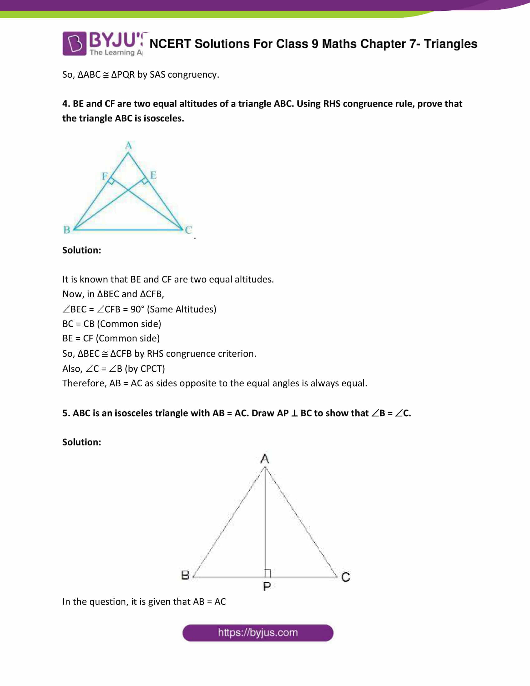 NCERT Solutions for Class 9 Maths Chapter 7 Triangles