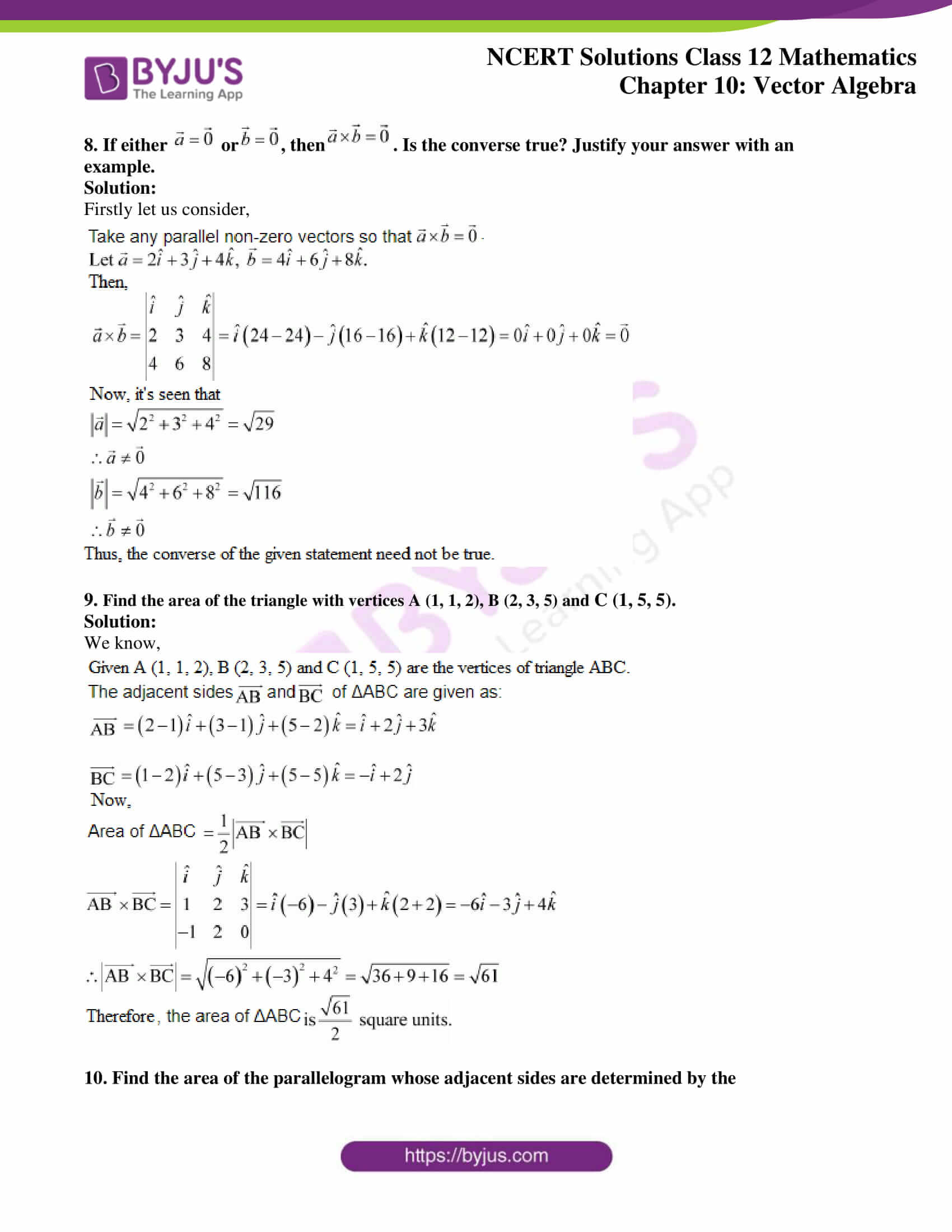NCERT Solutions for Class 12 Maths Chapter 10 Vector Algebra