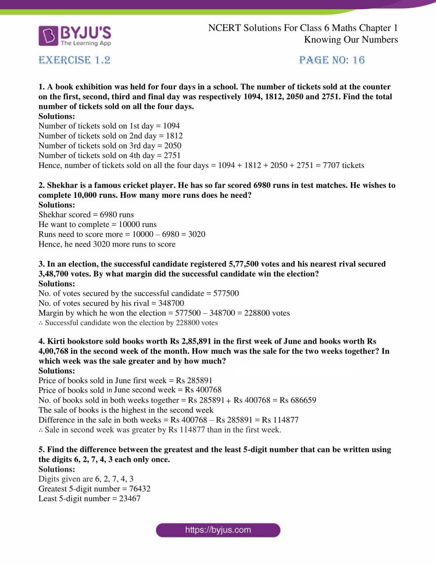 NCERT Solutions For Class 6 Maths Exercise 1 2 Chapter 1 Knowing Our