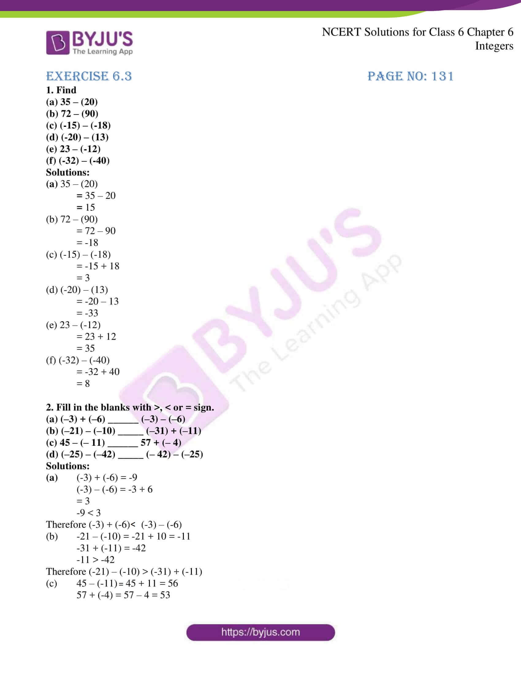NCERT Solutions Class 6 Maths Chapter 6 Integers - BYJU'S
