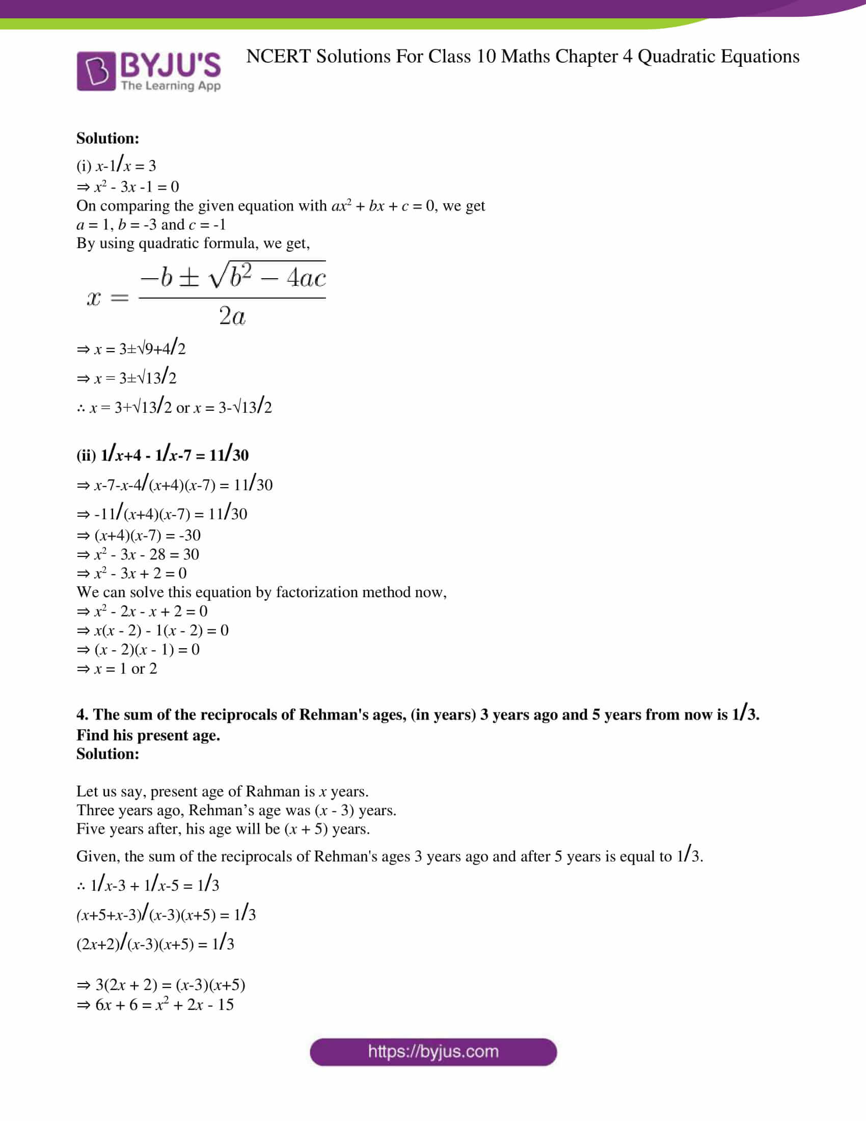 NCERT Solutions Class 10 Maths Chapter 4 Quadratic Equations - Free PDF
