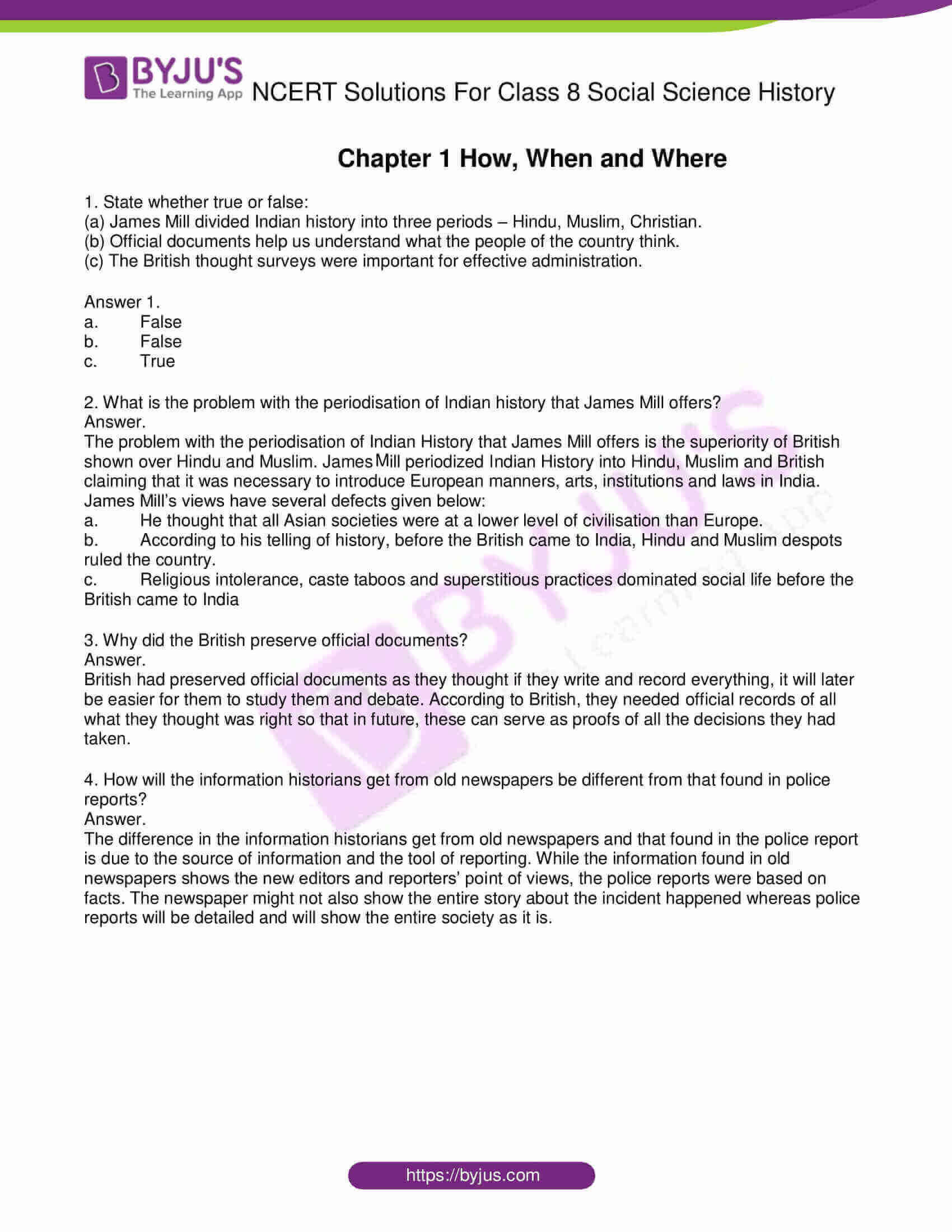 NCERT Solutions For Class 8 History Social Science Chapter 1 How When