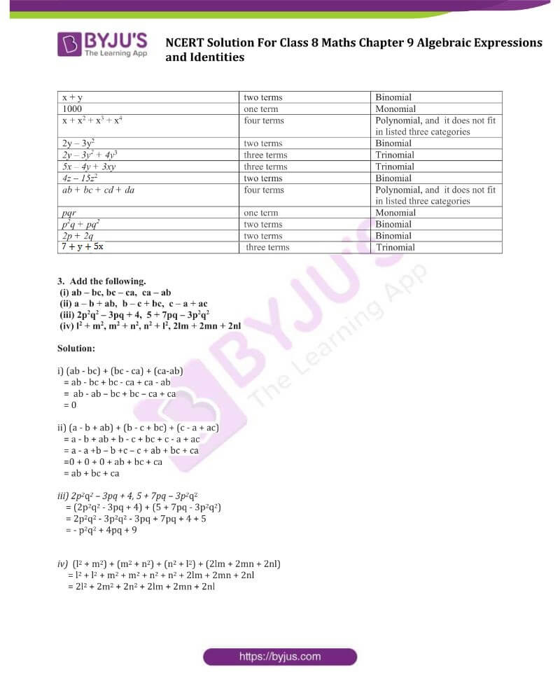 NCERT Solutions for Class 8 Maths Chapter 9 Algebraic Expressions and Identities