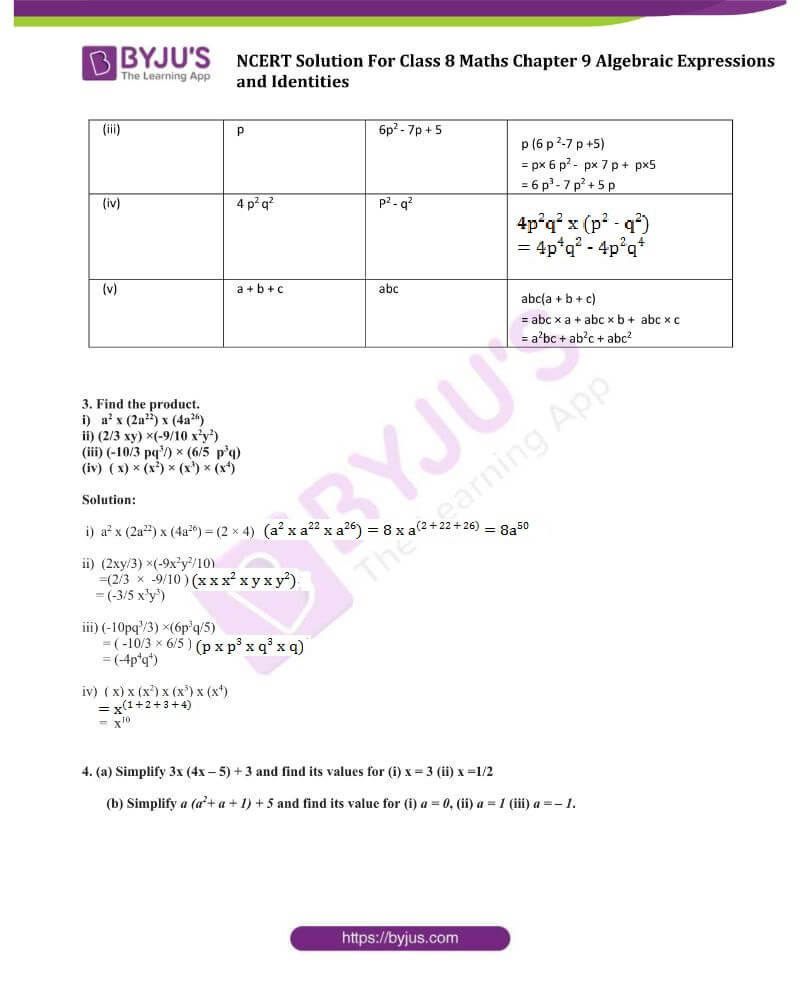 NCERT Solution Class 8 Maths Chapter 9 Algebraic Expressions And
