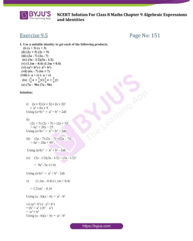 NCERT Solutions for Class 8 Maths Chapter 9 Algebraic Expressions and Identities