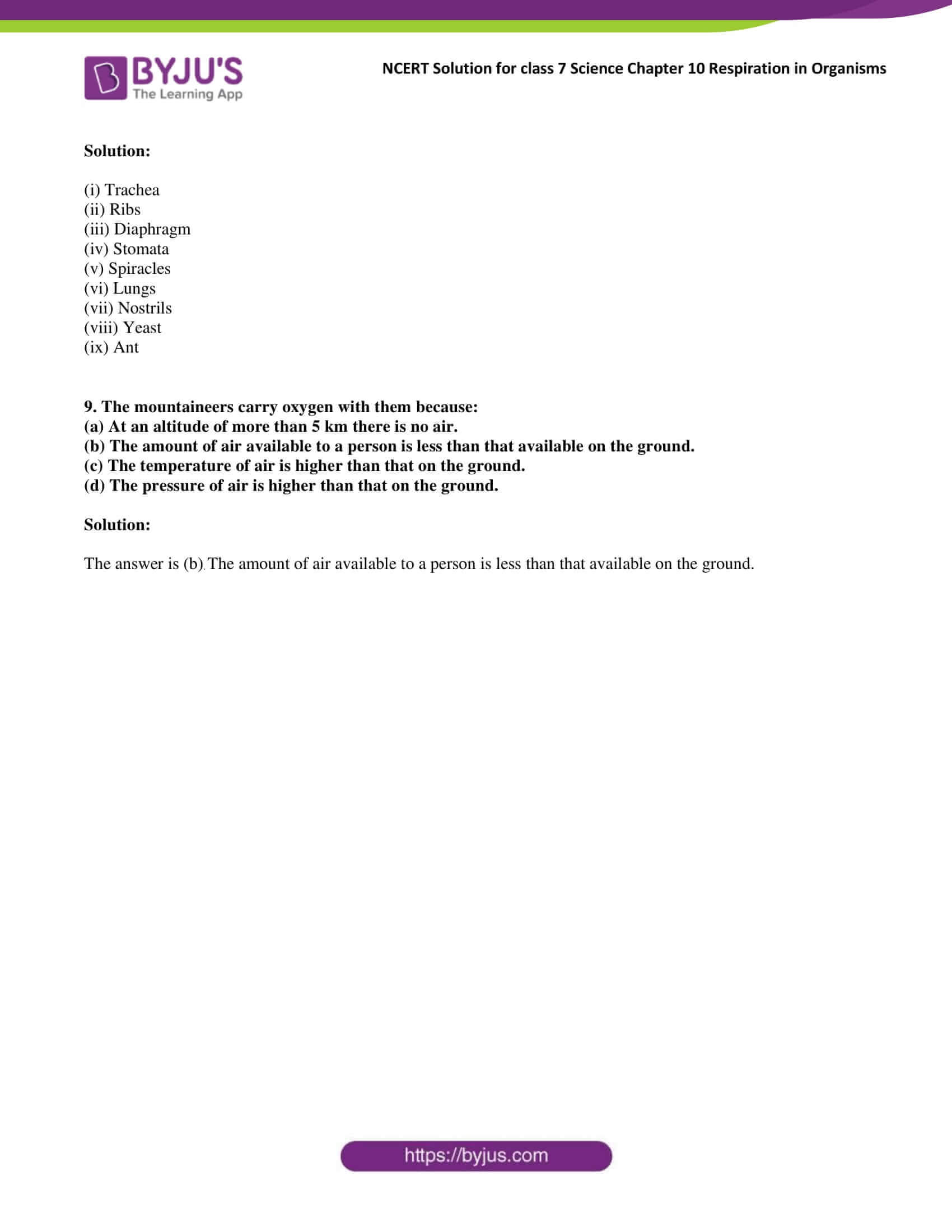 NCERT Solutions Class 7 Science Chapter 10 Respiration in Organisms