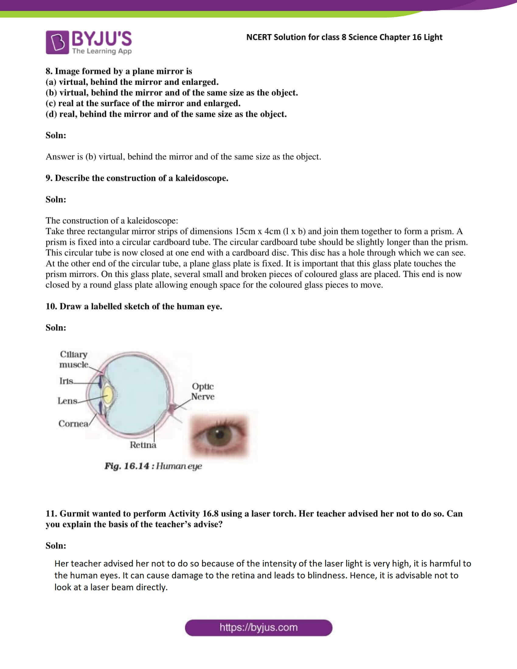 NCERT Solutions For Class 8 Science Chapter 16 Light