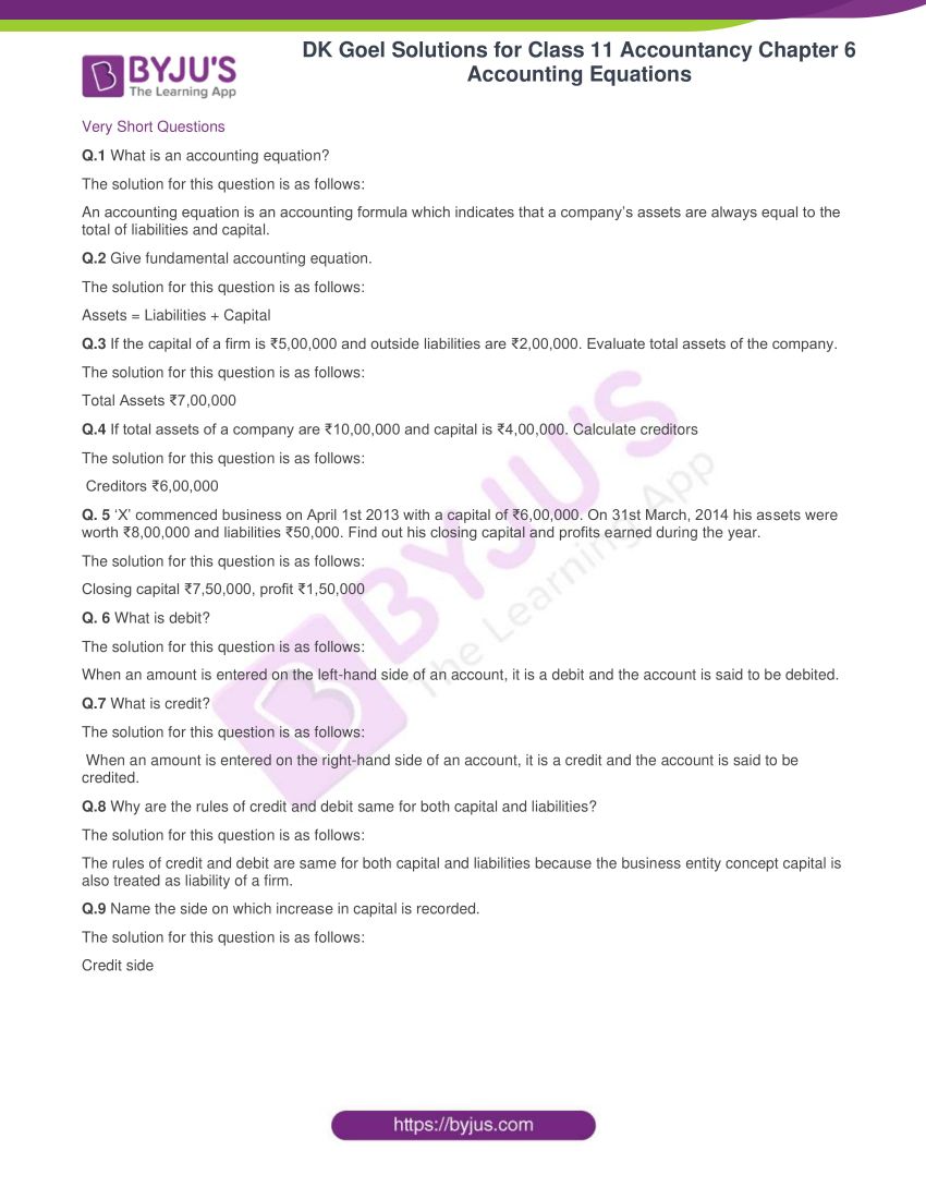 DK Goel Solutions For Class 11 Accountancy Chapter 6 Accounting Equations