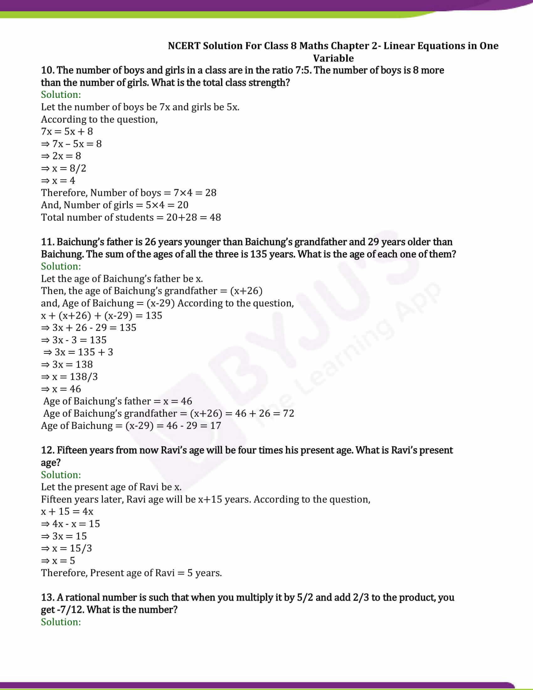 NCERT Solutions for Class 8 Maths Chapter 2 Linear Equations in One ...