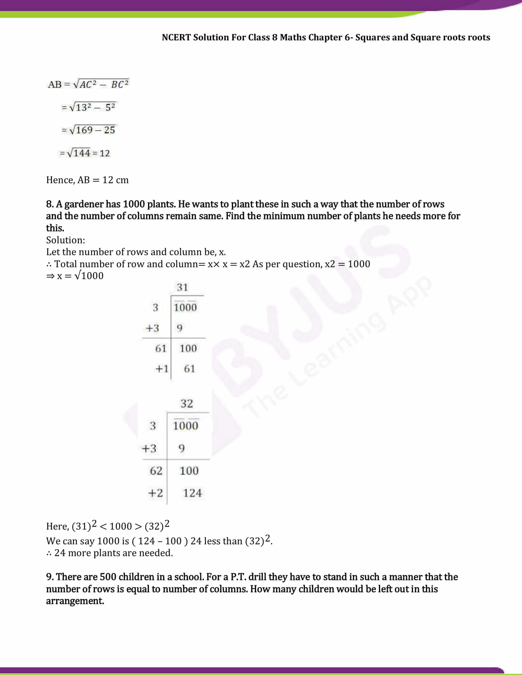 NCERT Solutions for Class 8 Maths Chapter 6 Squares and Square Roots