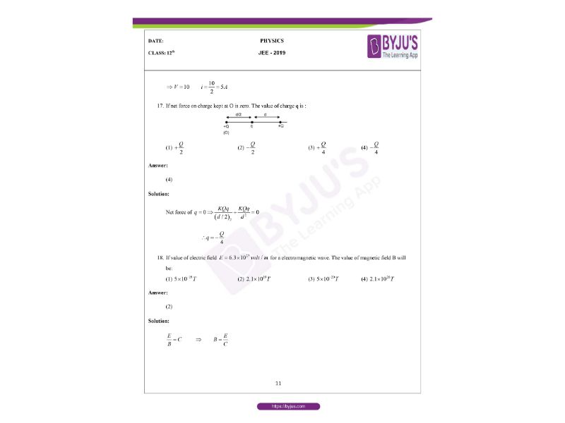 JEE Main 2019 Physics Paper With Solutions for January Session