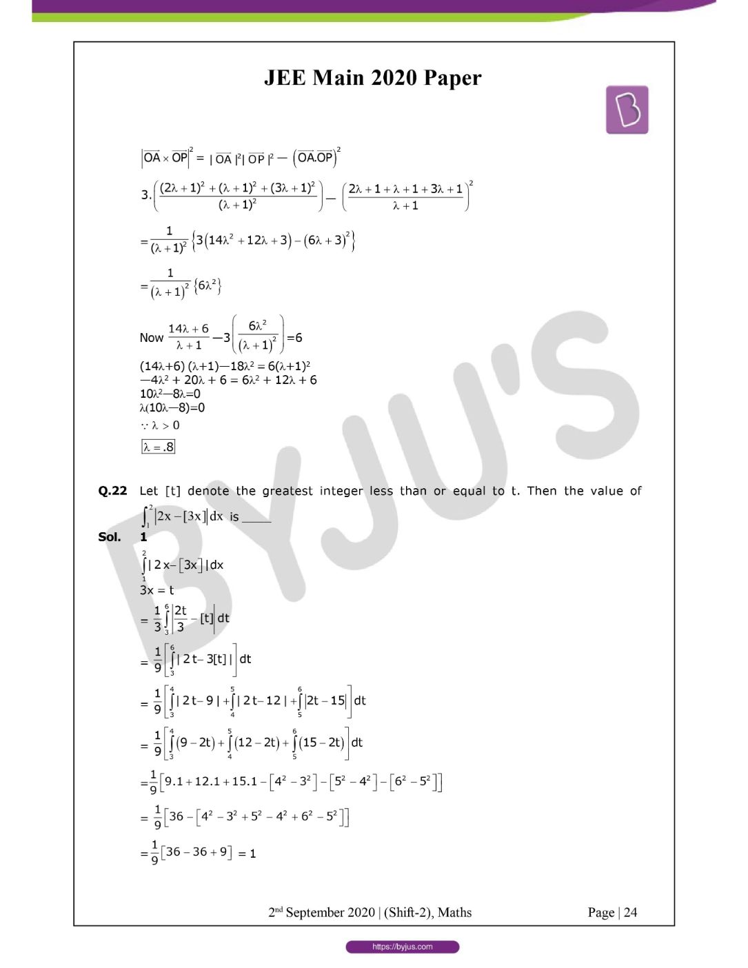JEE Main 2020 Paper With Solutions Maths Shift 2 (Sept 2) - Download PDF