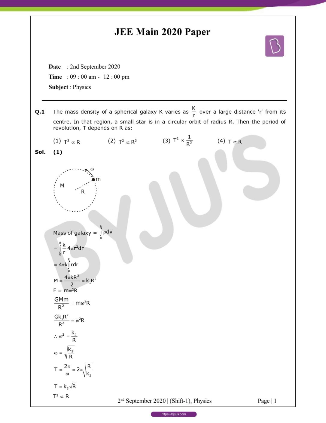 Solutions of JEE Main 2020 Physics Paper (2nd Sept Shift 1) - Download PDF