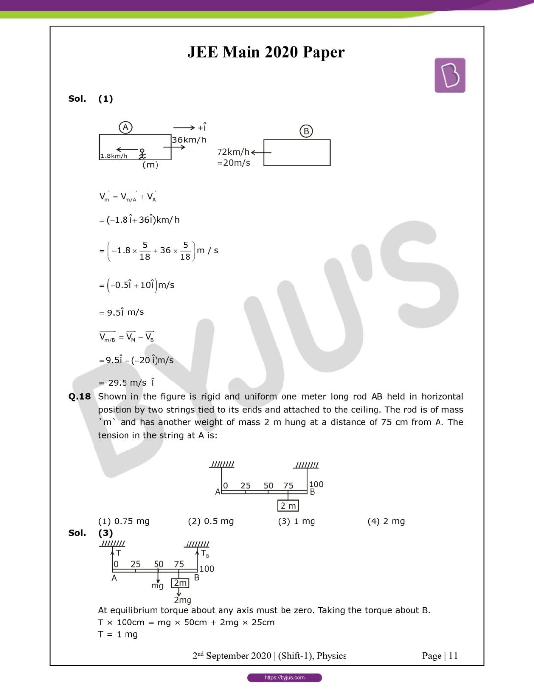 Solutions of JEE Main 2020 Physics Paper (2nd Sept Shift 1) - Download PDF