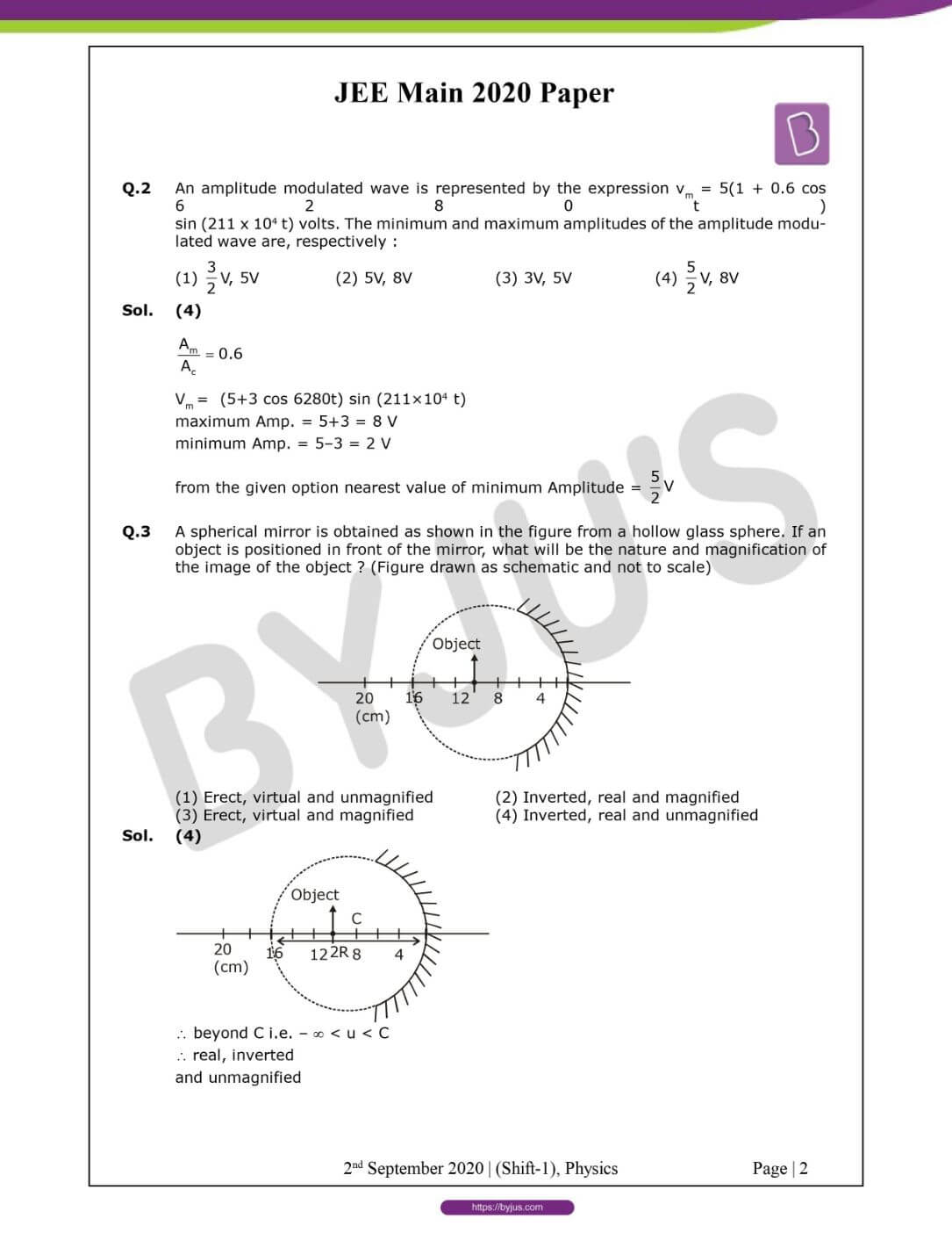Solutions of JEE Main 2020 Physics Paper (2nd Sept Shift 1) - Download PDF