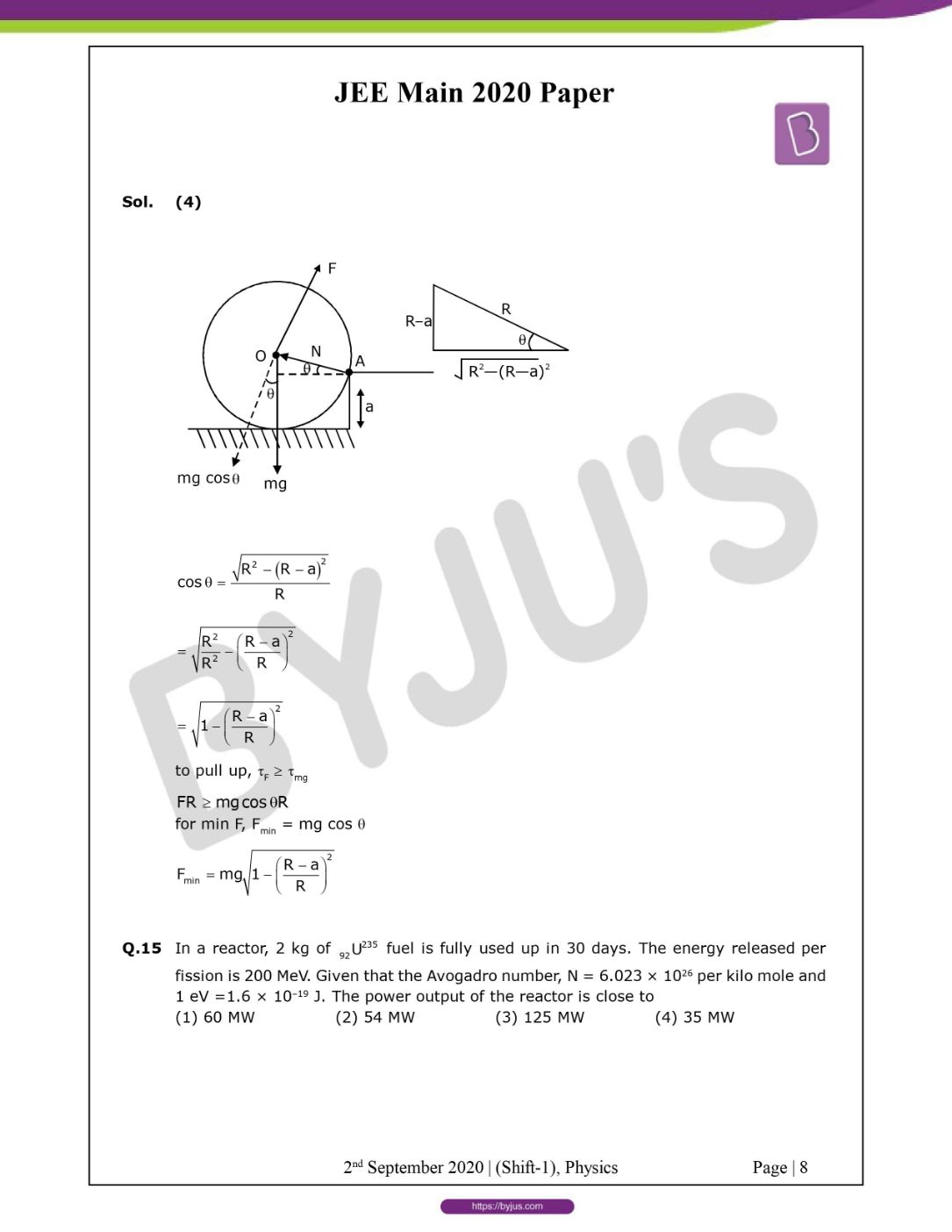 Solutions of JEE Main 2020 Physics Paper (2nd Sept Shift 1) - Download PDF
