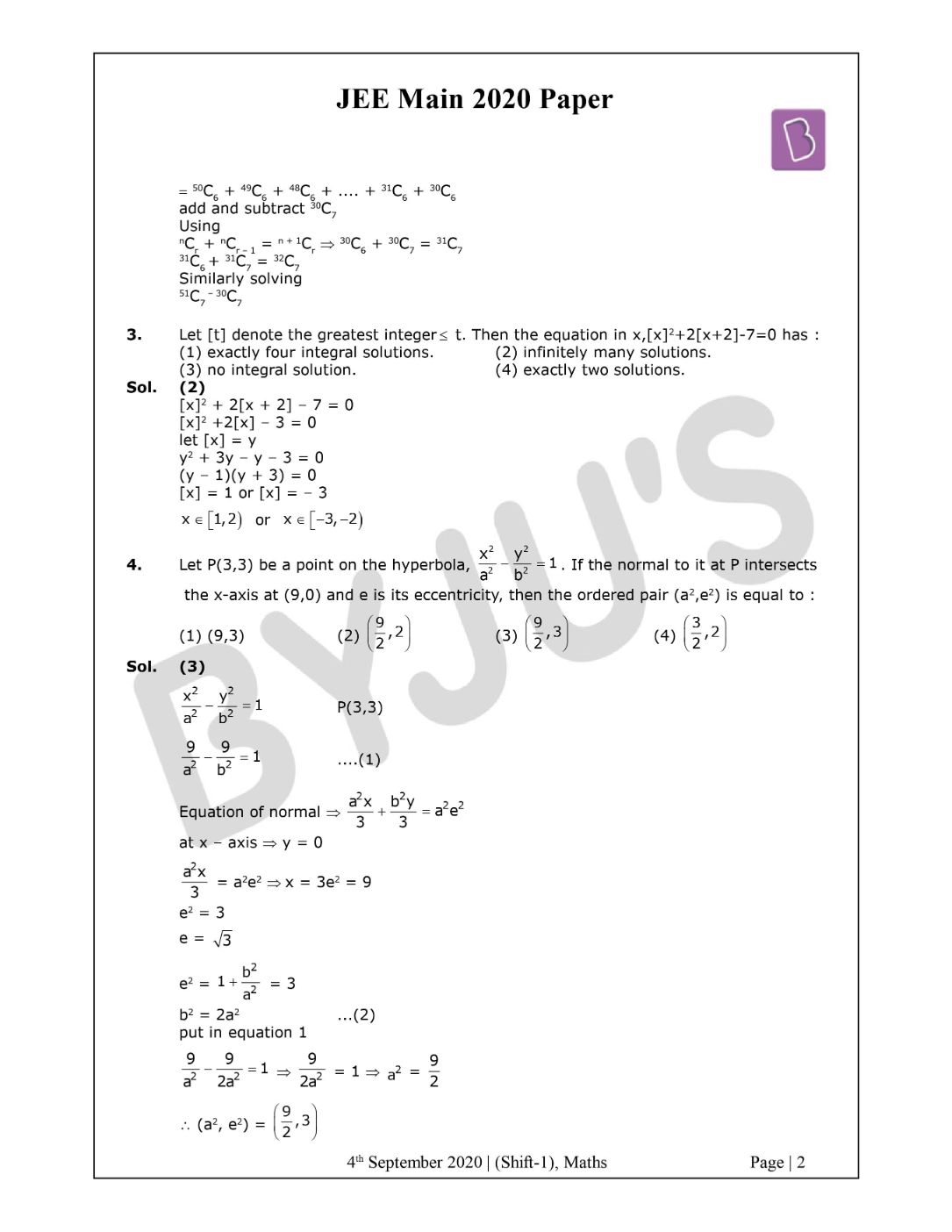 JEE Main 2020 Paper With Solutions Maths Shift 1 (Sept 4) - Download PDF