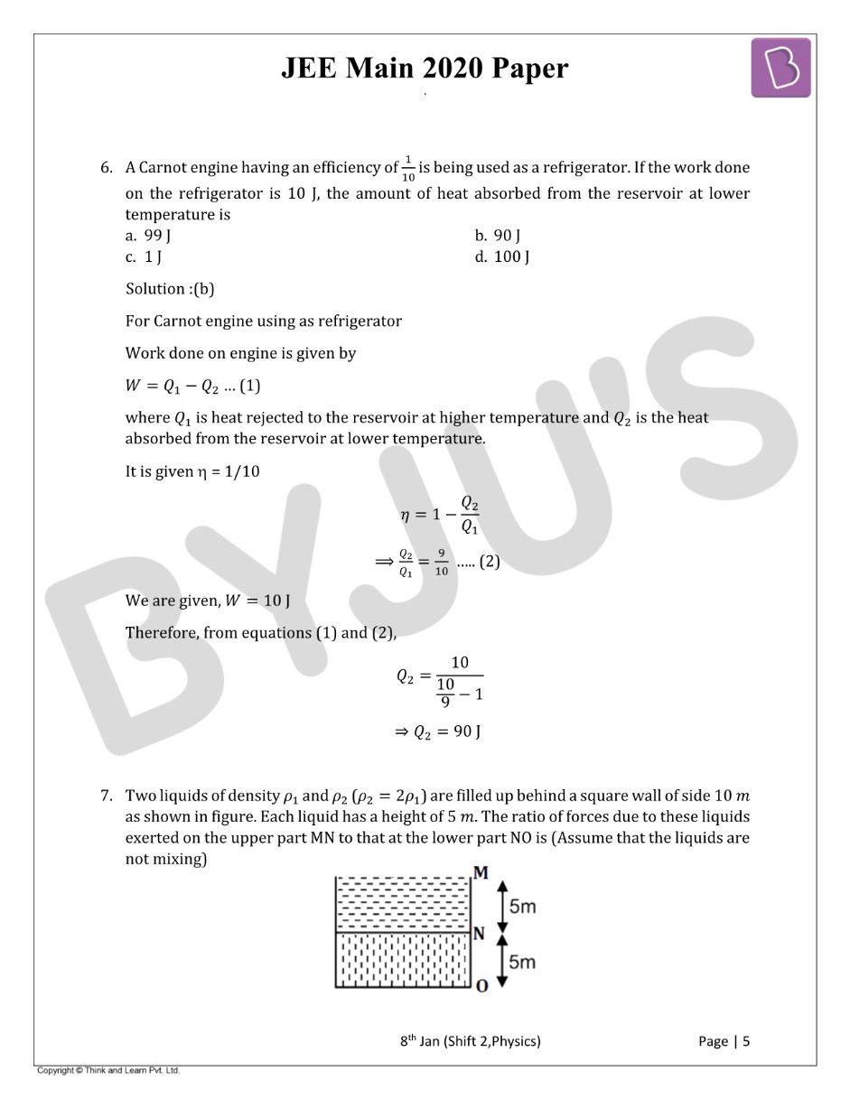 JEE Main 2020 Physics Paper with Solutions January 8 Shift-2
