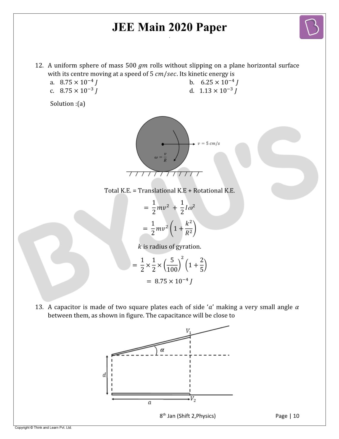 JEE Main 2020 Physics Paper with Solutions January 8 Shift-2