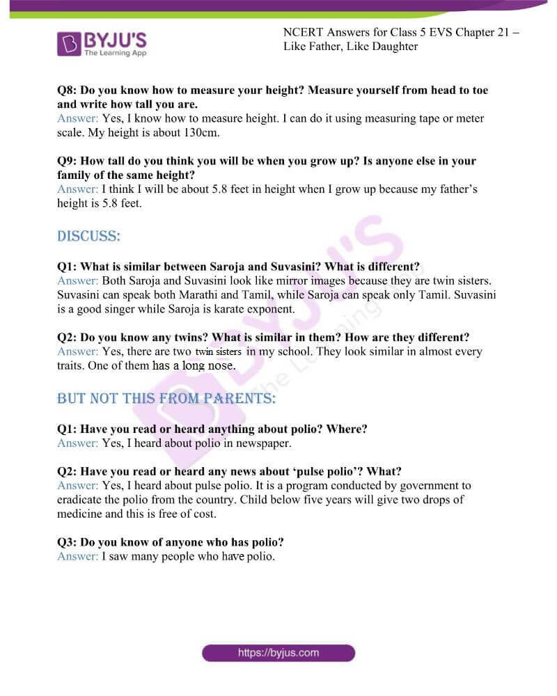 NCERT Solutions Class 5 EVS Chapter 21 Like Father Like Daughter - Free ...
