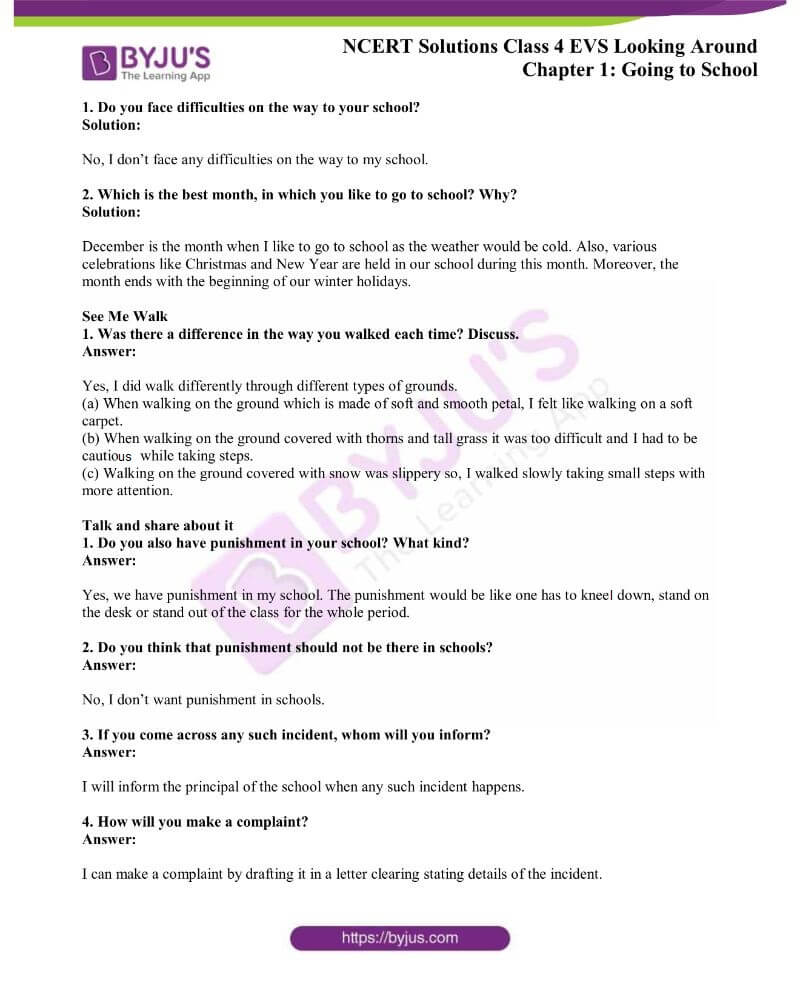 NCERT Solutions Class 4 EVS Chapter 1 Going To School - Free Download