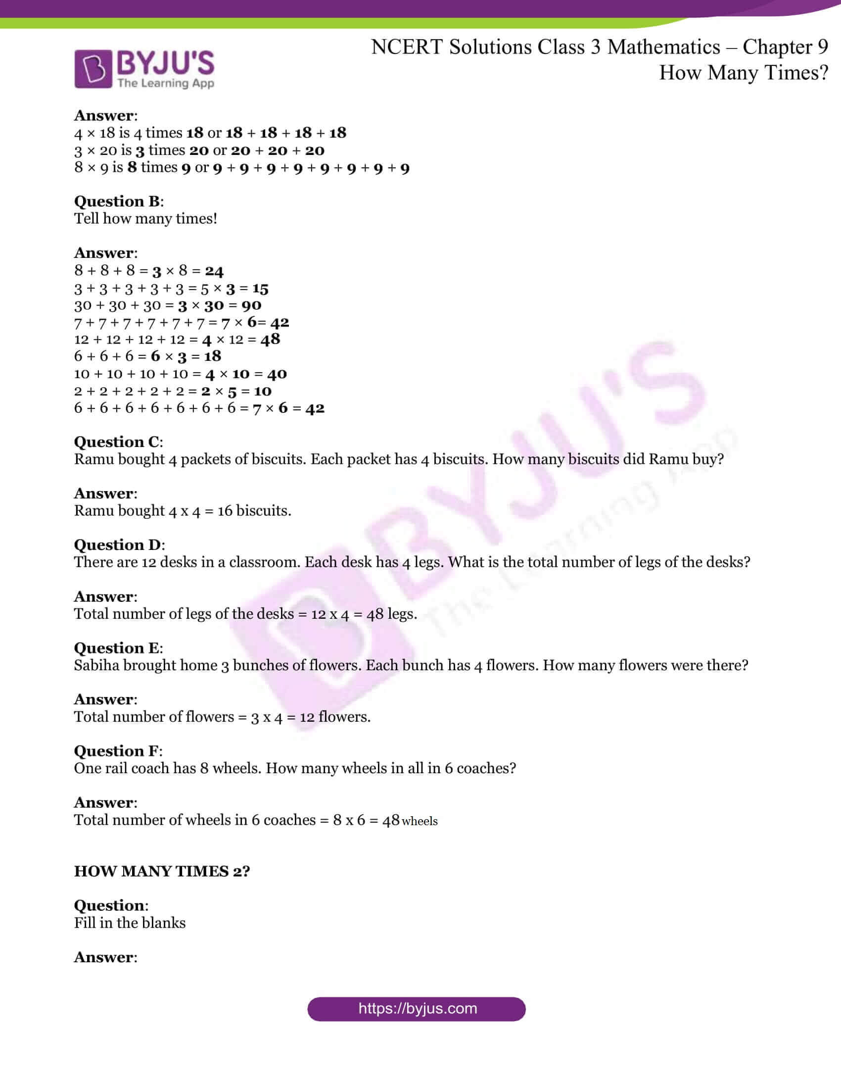 NCERT Solutions Class 3 Maths Chapter 9 How Many Times Download PDF