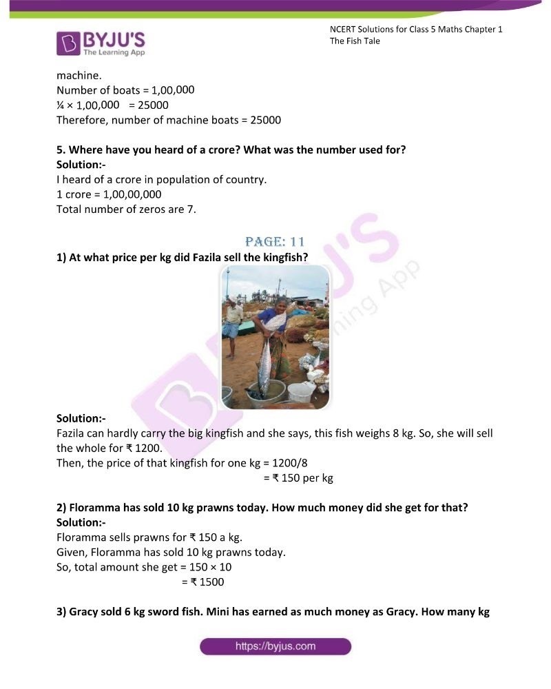 NCERT Solutions Class 5 Maths Chapter 1 The Fish Tale - Free Download
