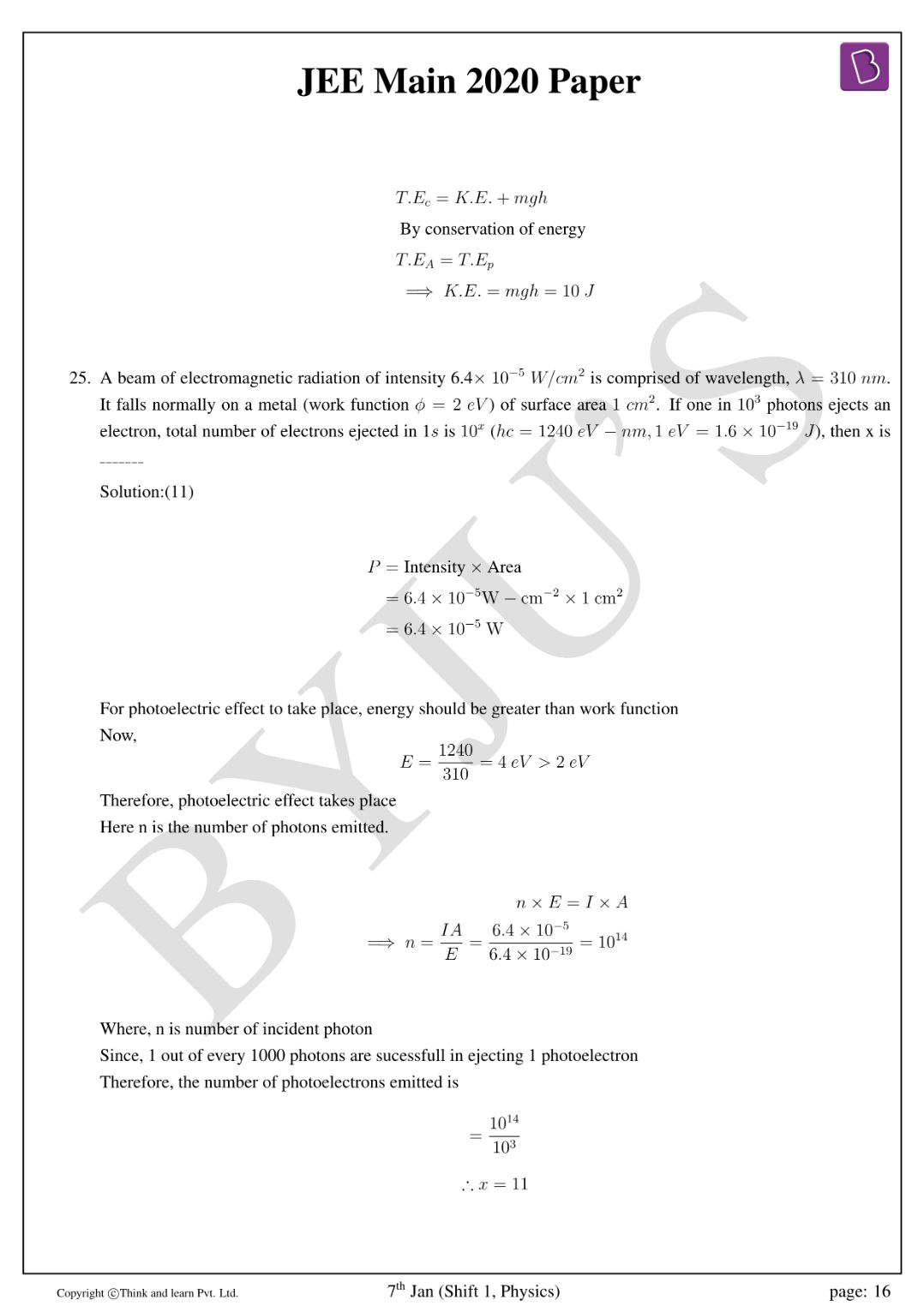 JEE Physics January 2020 Shift 1 Paper Solutions - Download PDF