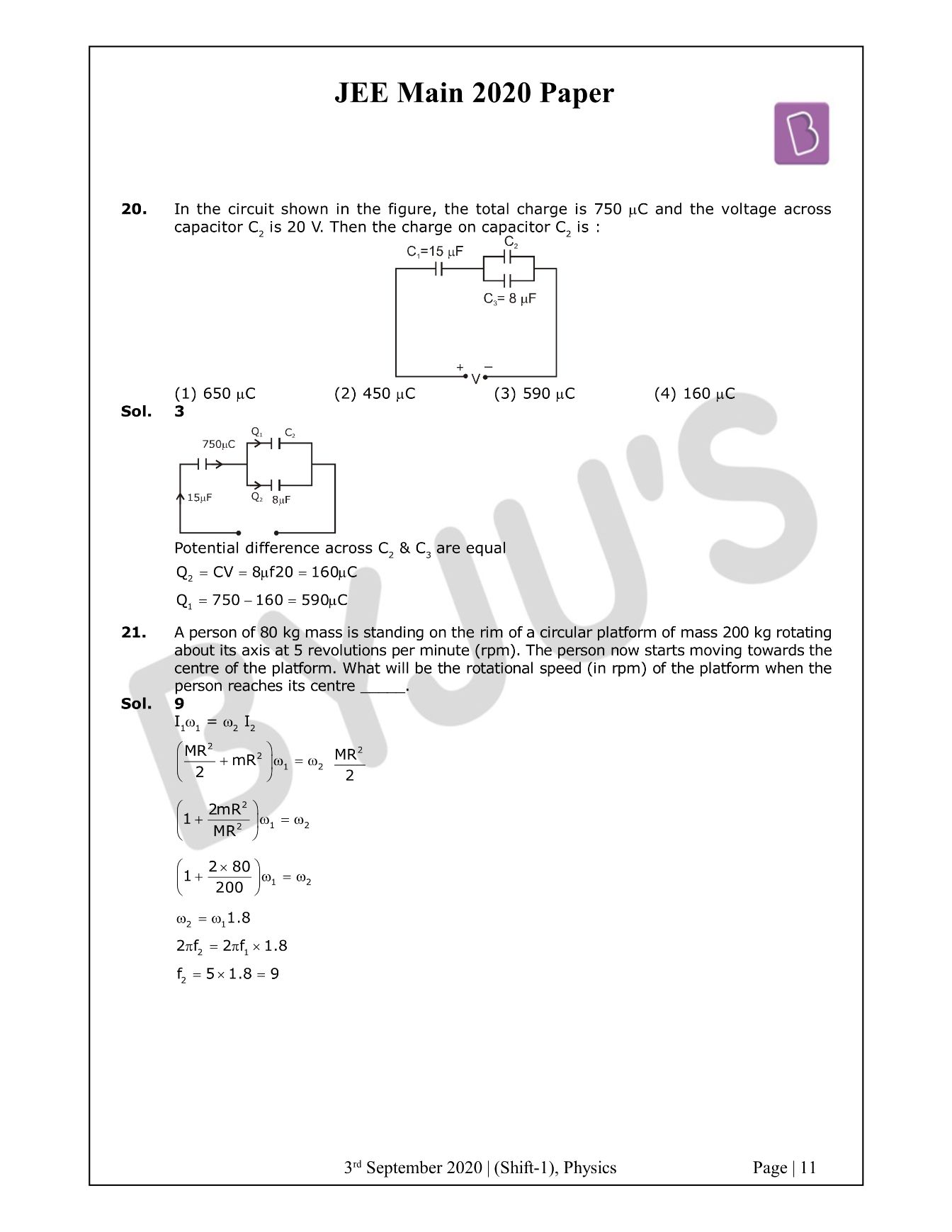 JEE Main 2020 Paper With Solutions Physics (Shift 1-Sept 3rd ...