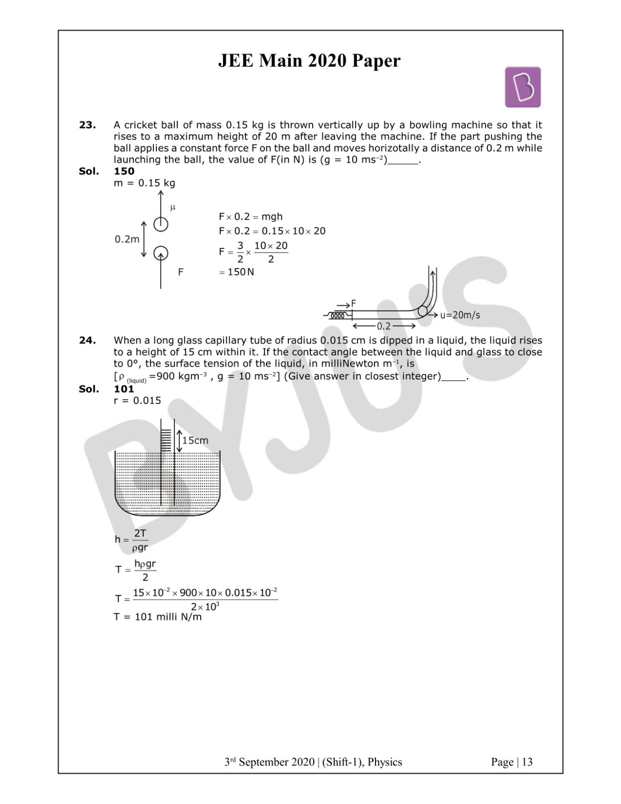 JEE Main 2020 Paper With Solutions Physics (Shift 1-Sept 3rd ...