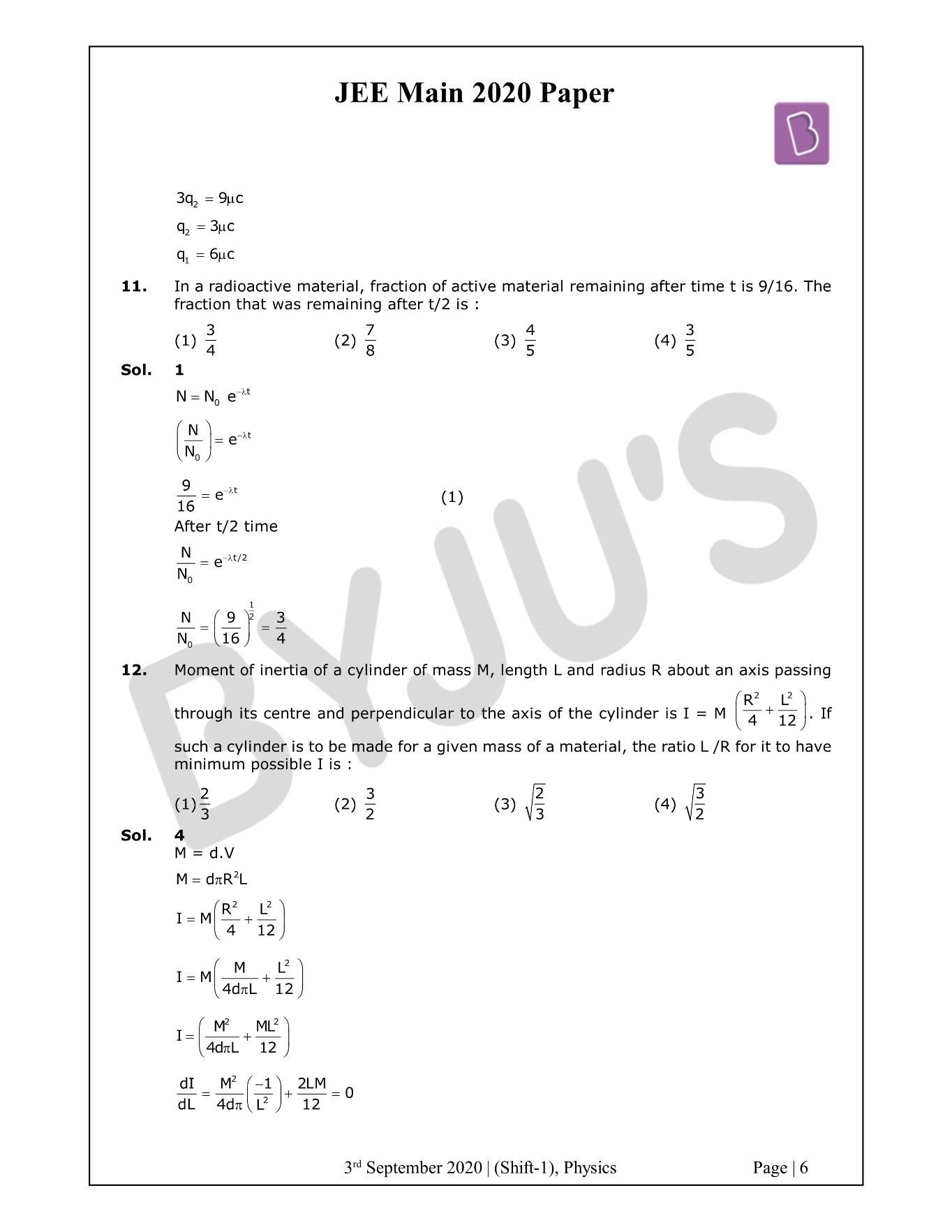 JEE Main 2020 Paper With Solutions Physics (Shift 1-Sept 3rd ...