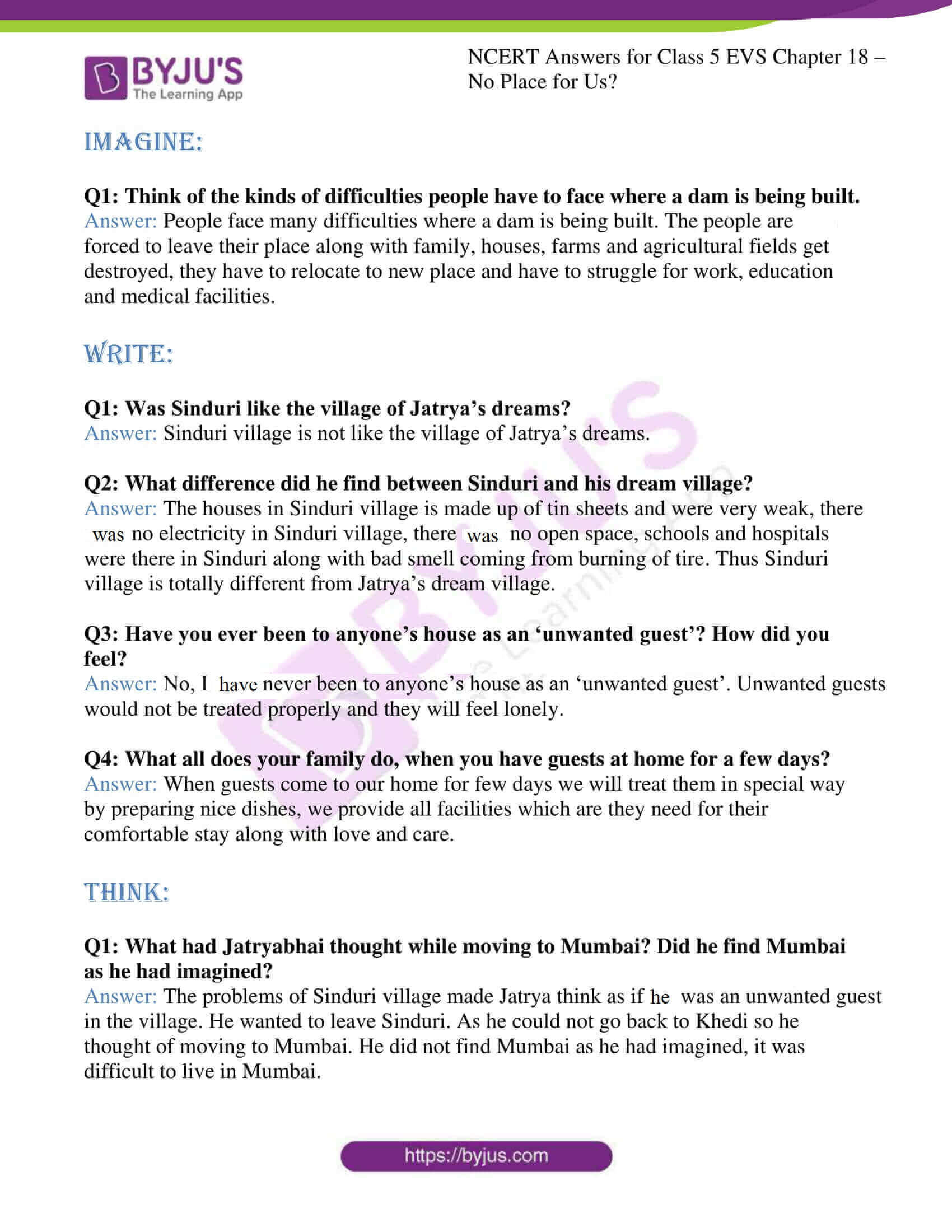 NCERT Solutions Class 5 EVS Chapter 18 No Place for Us - Download Free PDFs