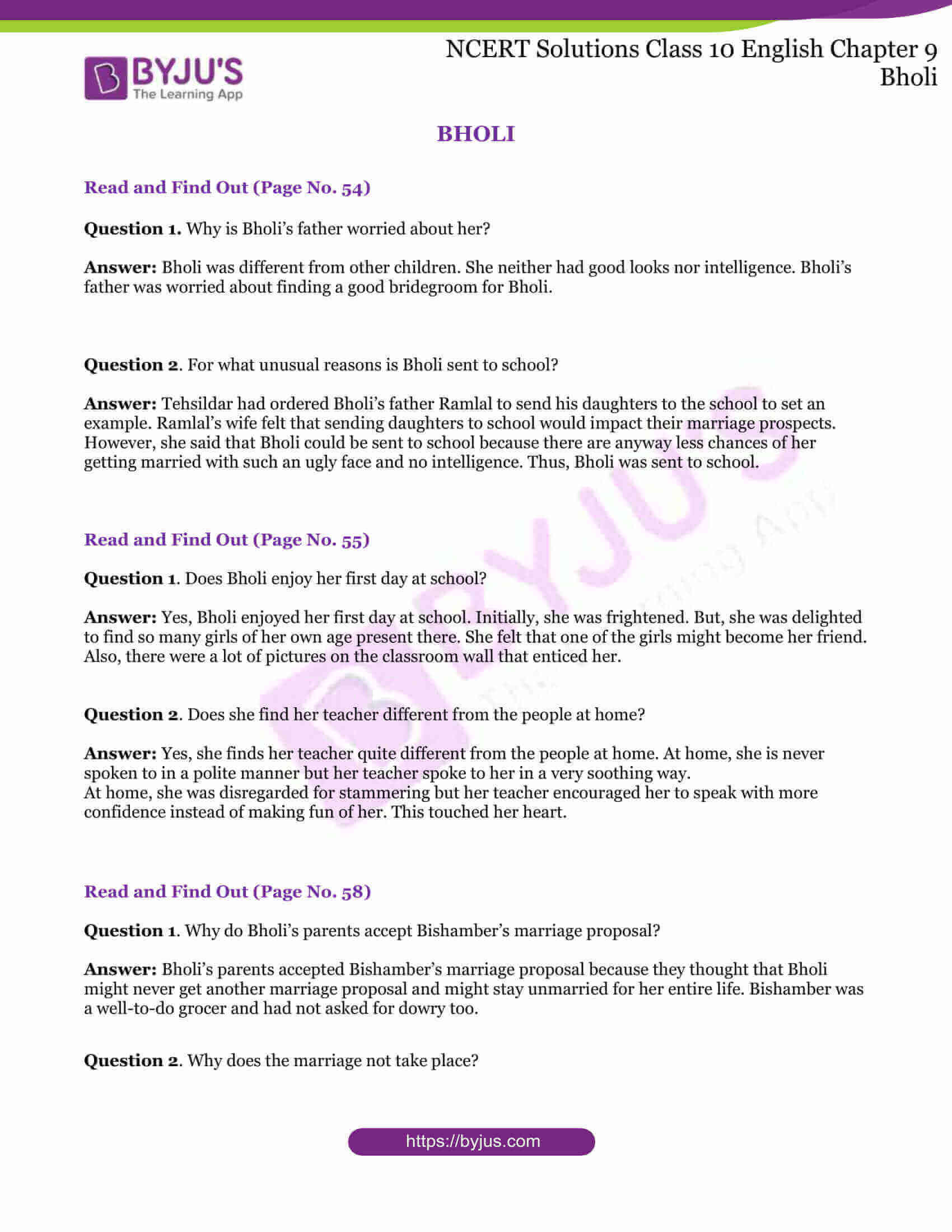 NCERT Solutions for Class 10 English Chapter 9 Bholi