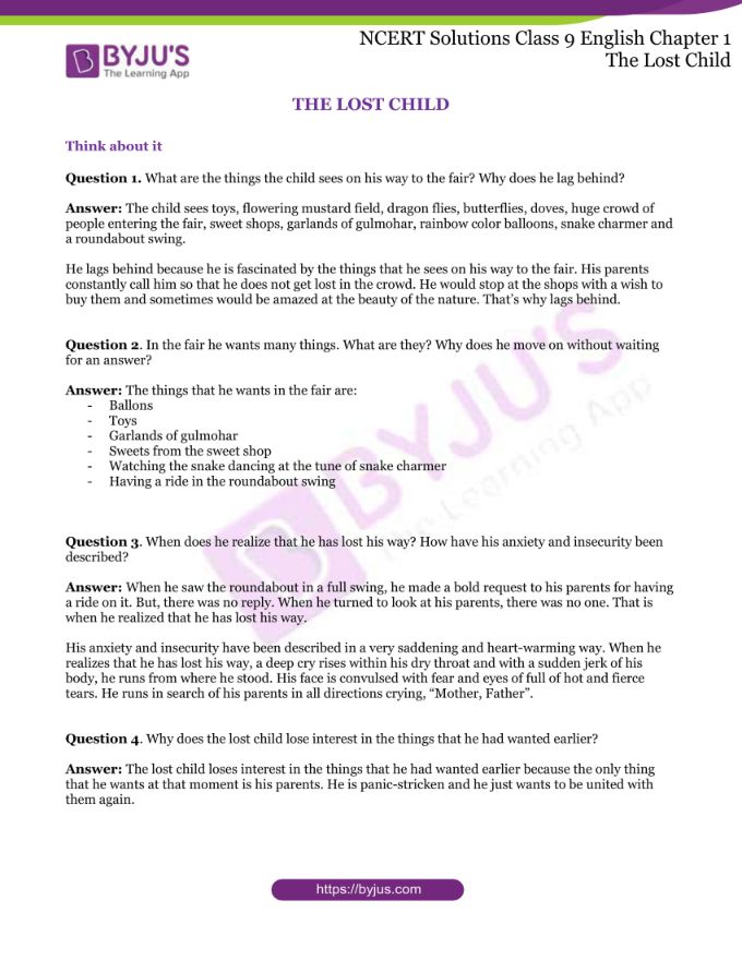 NCERT Solutions For Class 9 English Chapter 1 The Lost Child