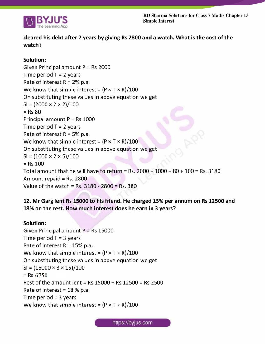 RD Sharma Solutions for Class 7 Maths Chapter 13 - Simple Interest ...