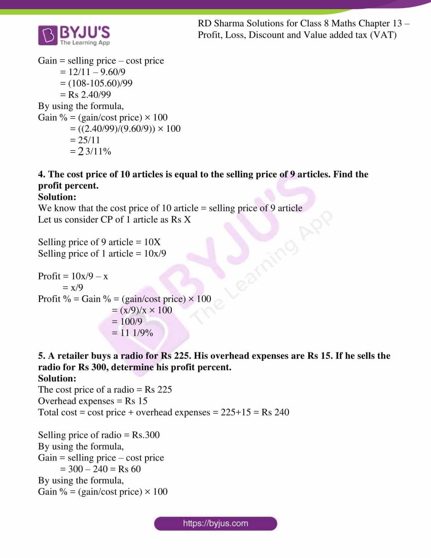 RD Sharma Solutions For Class 8 Chapter 13 Profit Loss Discount And