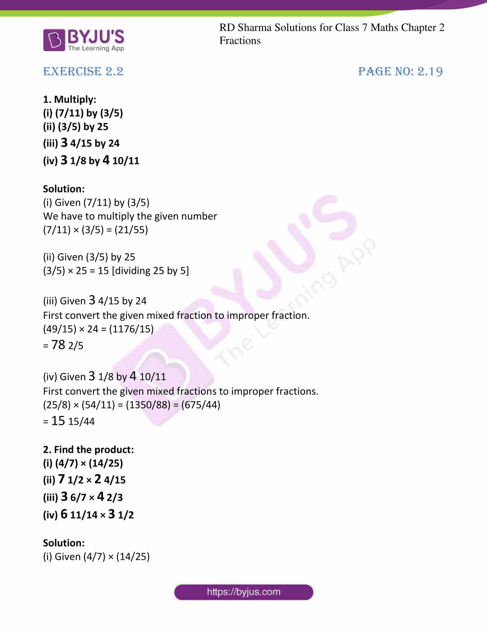 RD Sharma Solutions For Class 7 Maths Chapter 2 Fractions Download