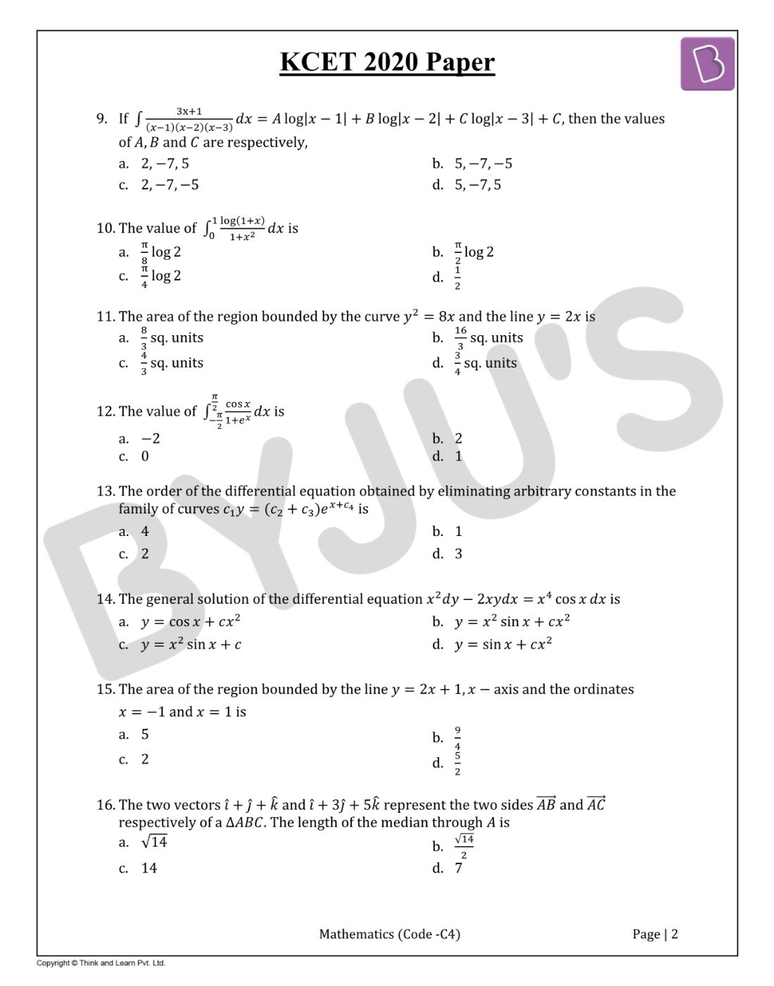 KCET 2020 Mathematics Question Paper And Solutions KCET 2020 Mathematics Question Paper And Solutions
