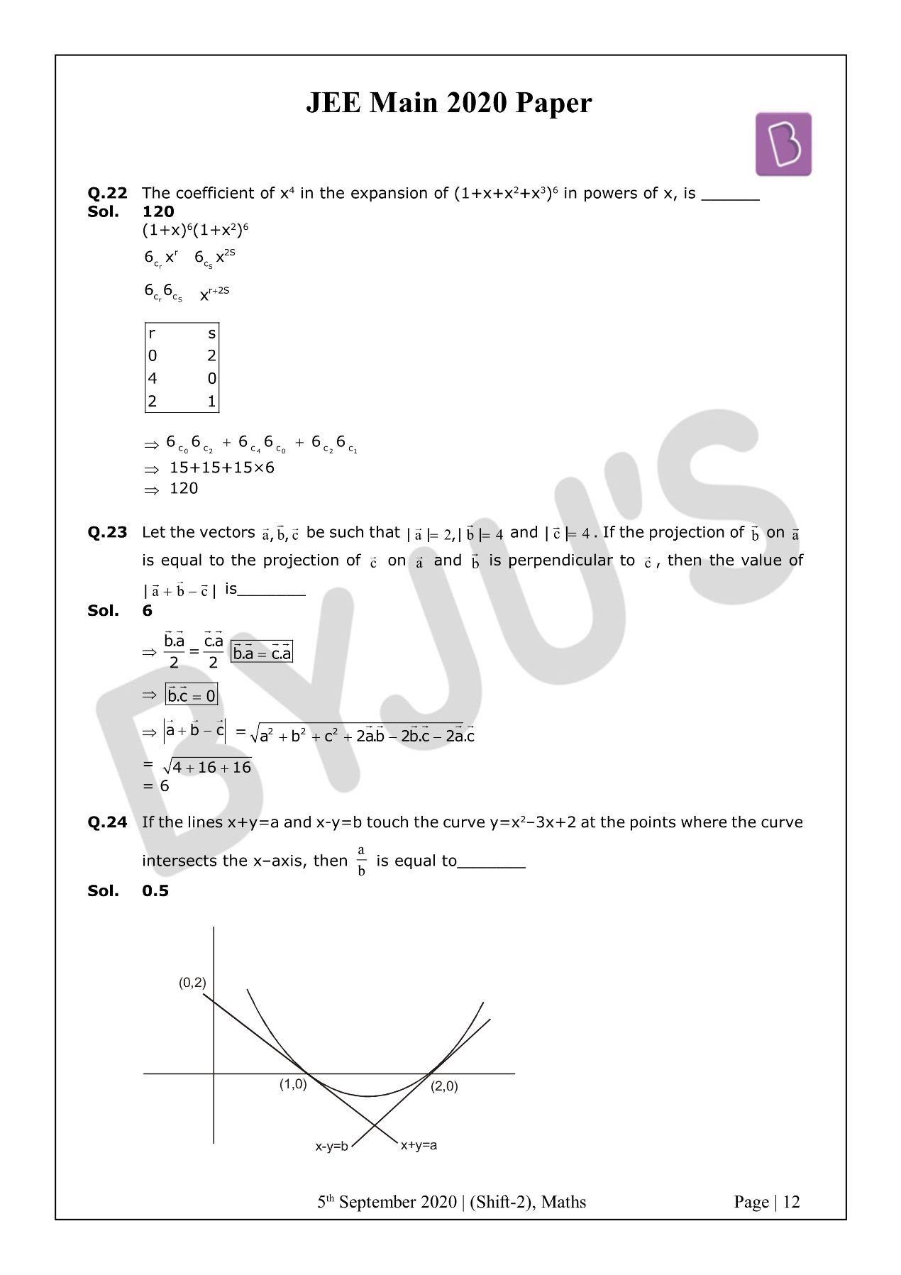 JEE Main 2020 Paper With Solutions Maths Shift 2 (Sept 5) - Download PDF
