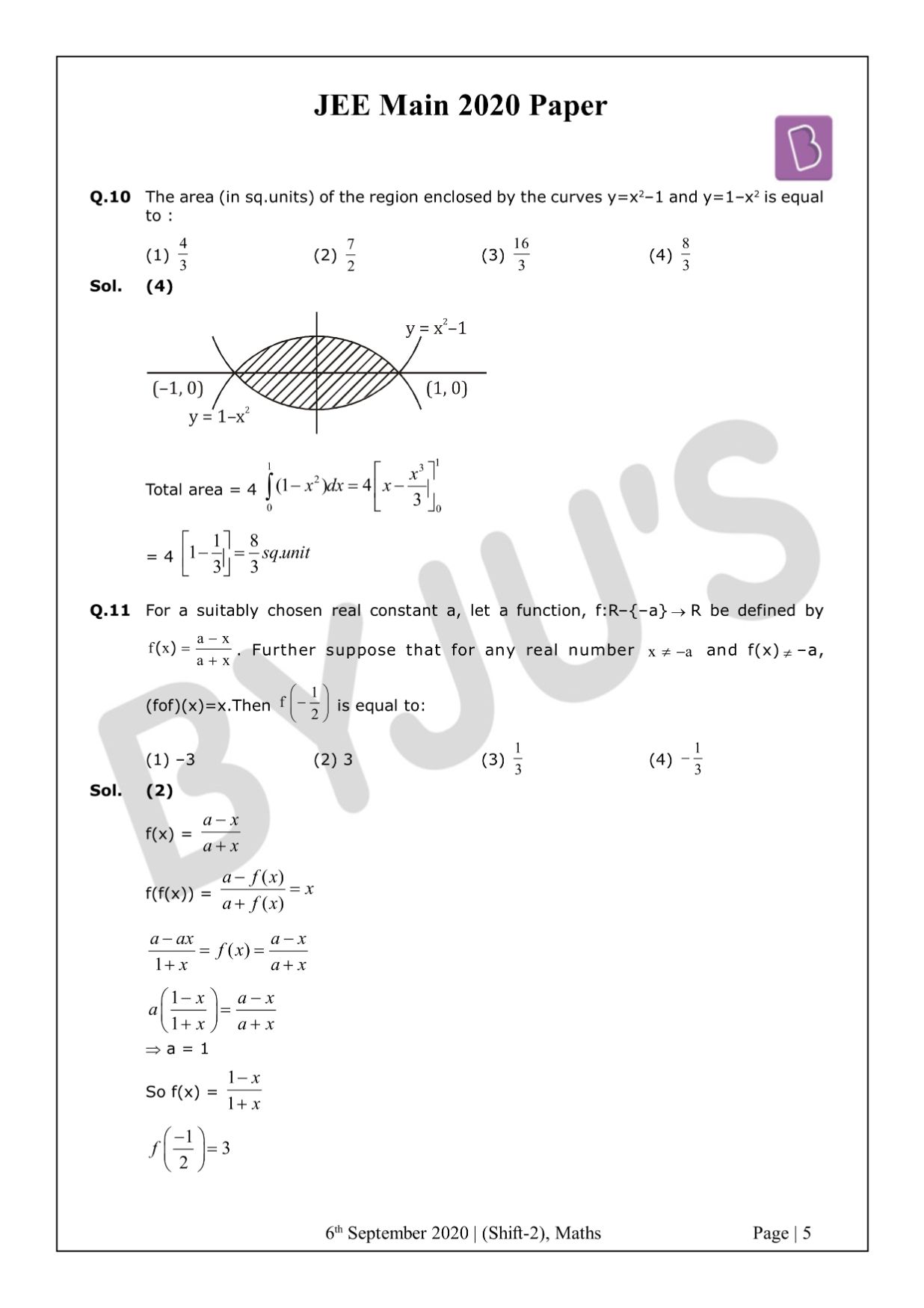 JEE Main 2020 Paper With Solutions Maths Shift 2 (Sept 6) - Download PDF