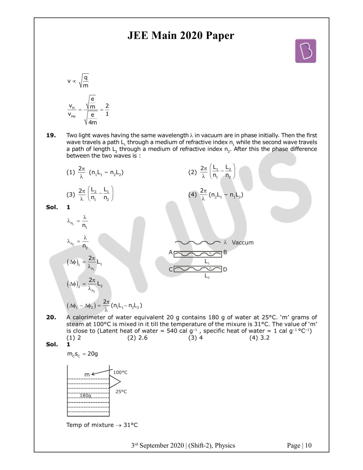 JEE Main 2020 Paper With Solutions Physics (Shift 2-Sept 3rd ...