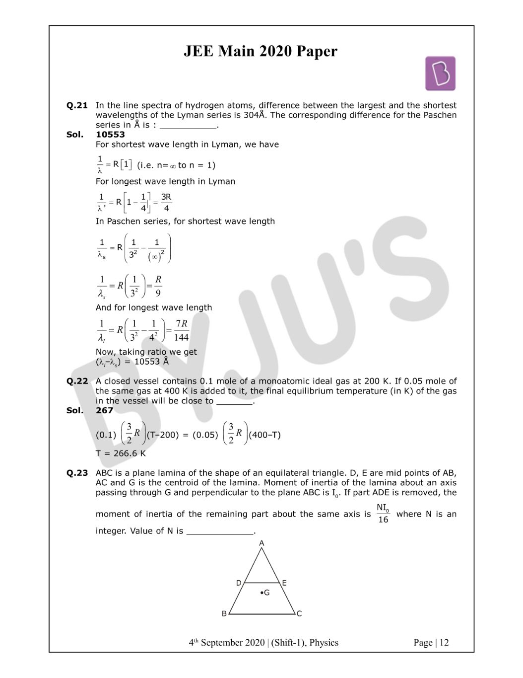 JEE Main 2020 Paper With Solutions Physics (Shift 1-Sept 4th ...