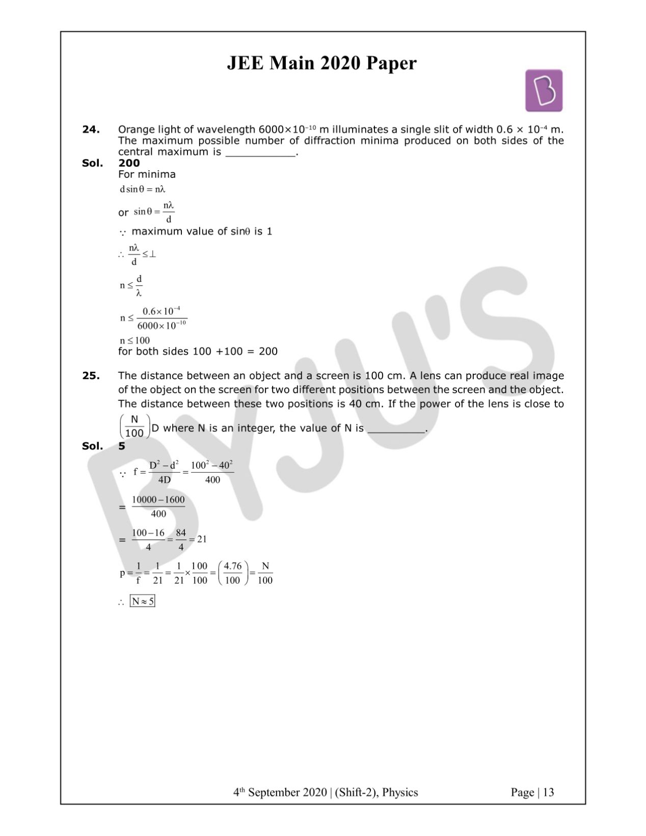 JEE Main 2020 Paper With Solutions Physics (Shift 2-Sept 4th ...