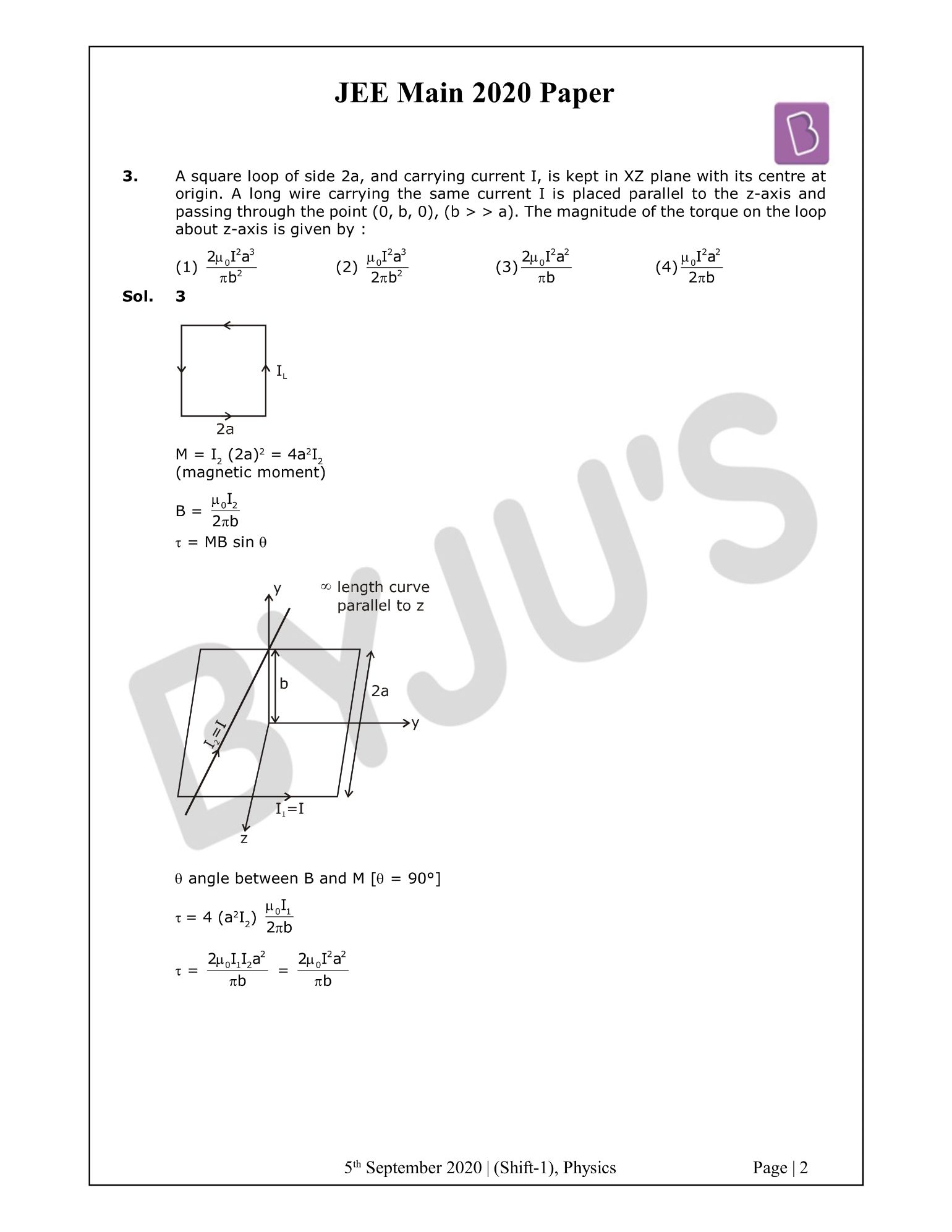 JEE Main 2020 Paper With Solutions Physics Shift 1 (Sept 5) - Download PDF