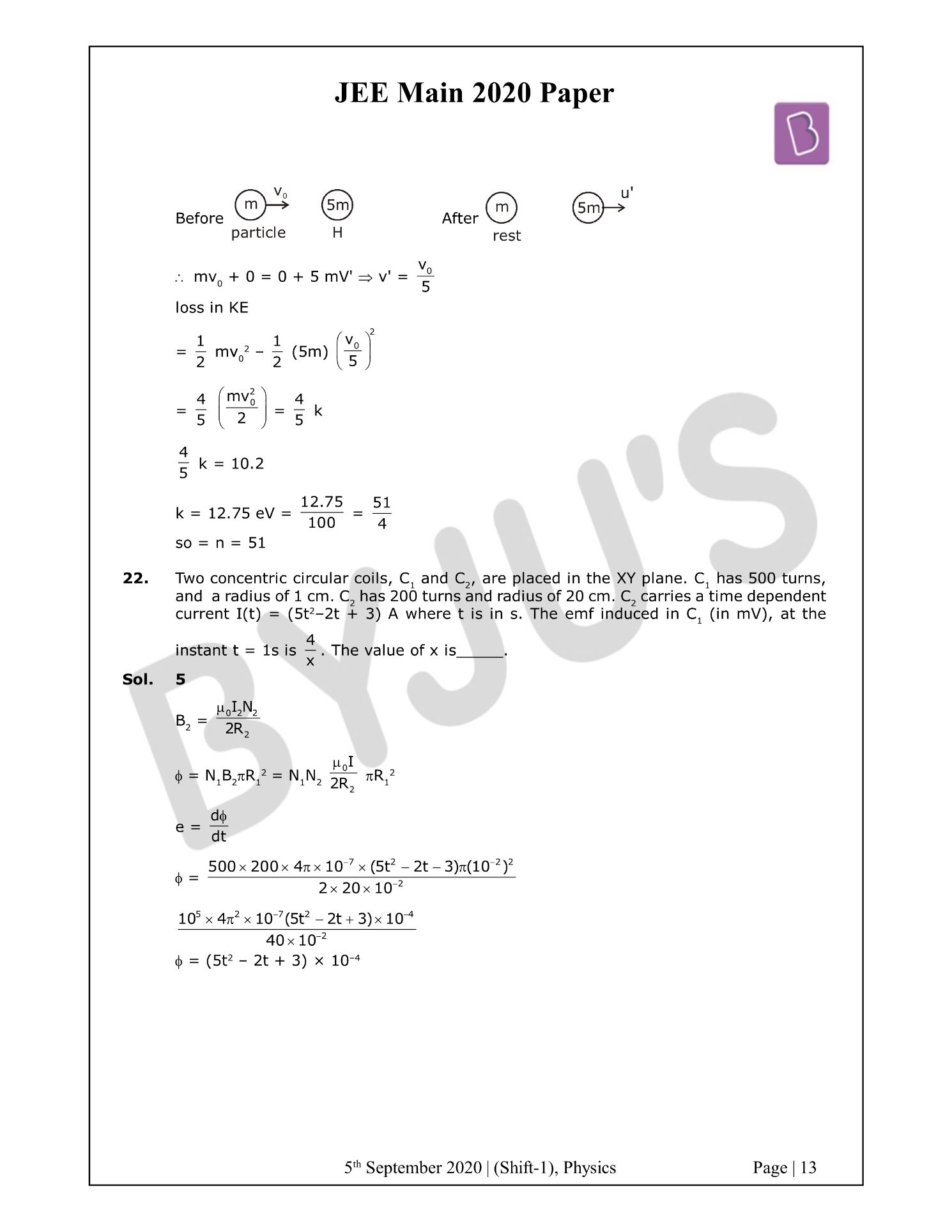 JEE Main 2020 Paper With Solutions Physics Shift 1 (Sept 5) - Download PDF