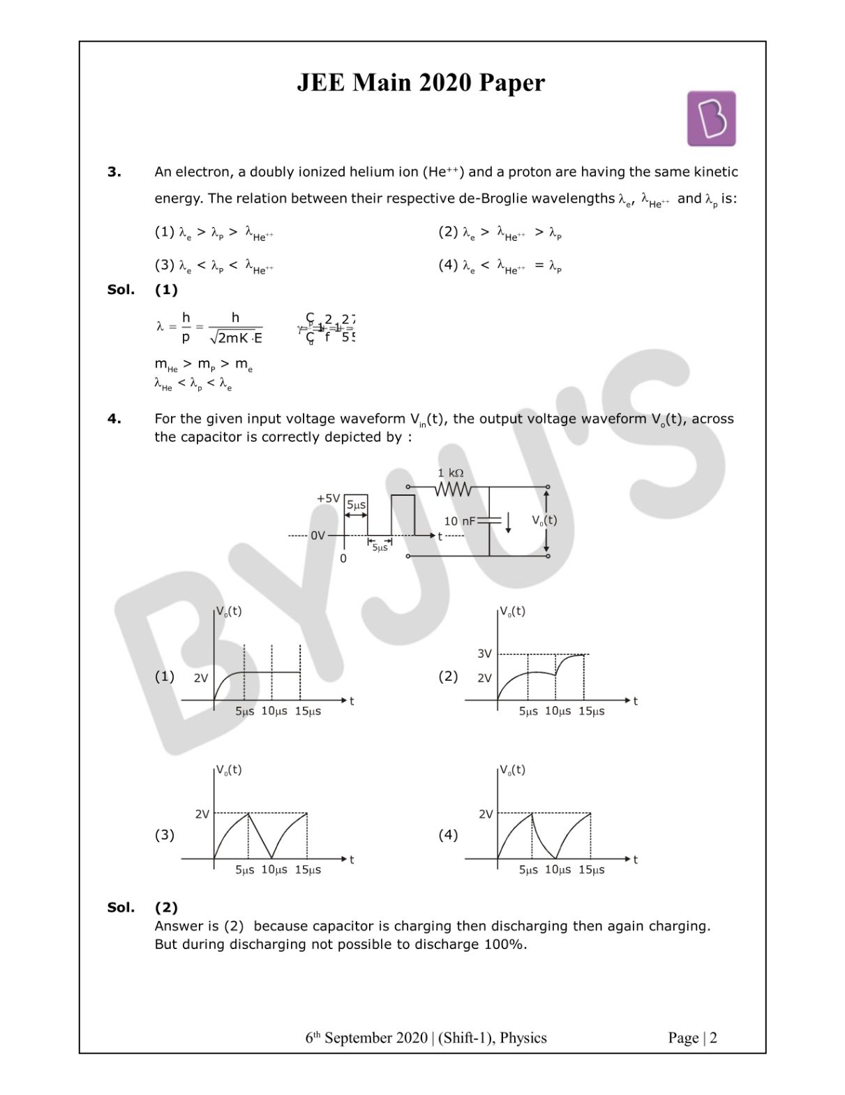 Find Detailed Solutions for JEE Main 2020 Physics Shift 1 (Sept 6 ...