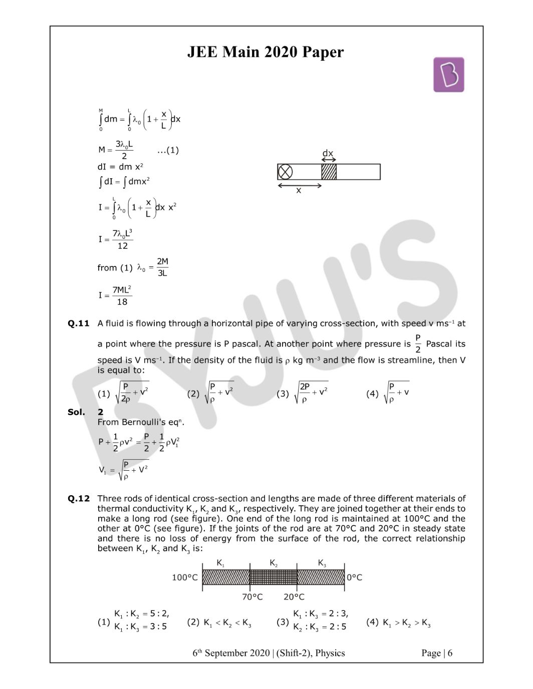 Solved JEE Main 2020 Paper Physics Shift 2 (Sept 6) - Download PDF