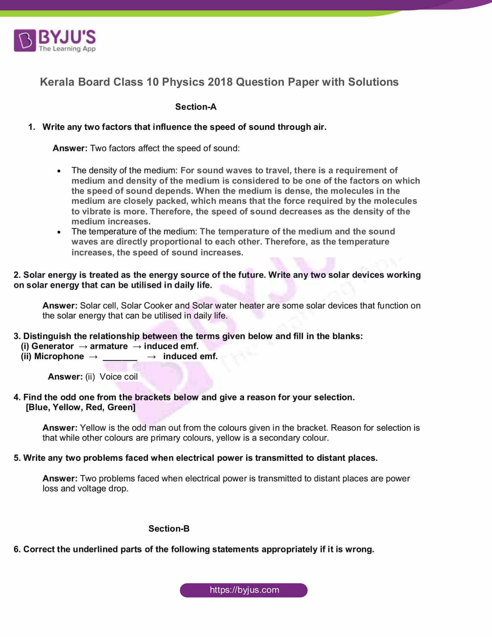 Kerala Board SSLC Class 10 Physics 2018 Question Paper Solutions