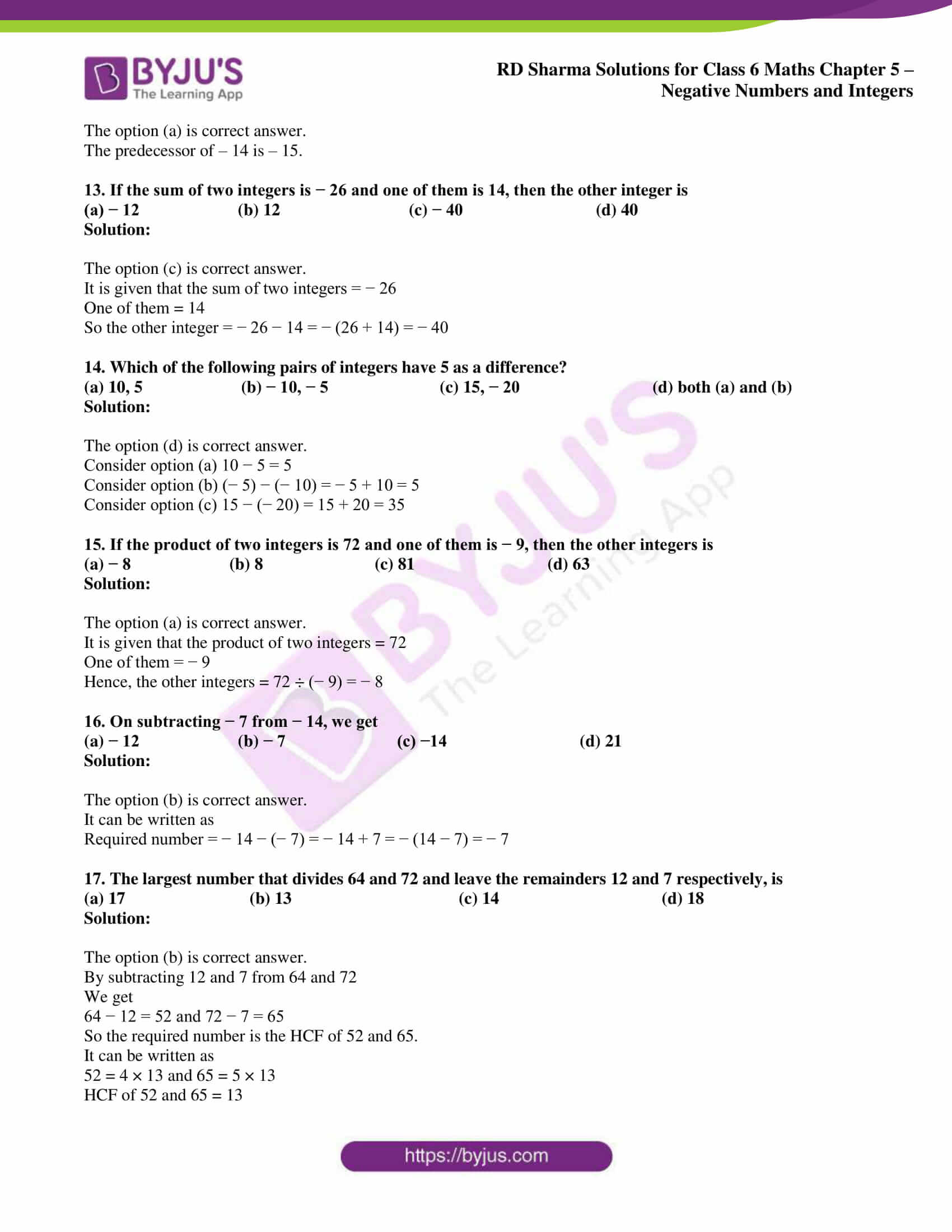 RD Sharma Solutions For Class 6 Chapter 5 Negative Numbers And Integers